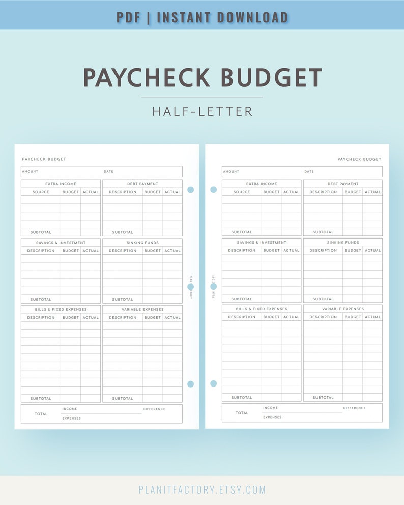 Paycheck Budget Template Half Letter Budget by Paycheck PDF Paycheck ...