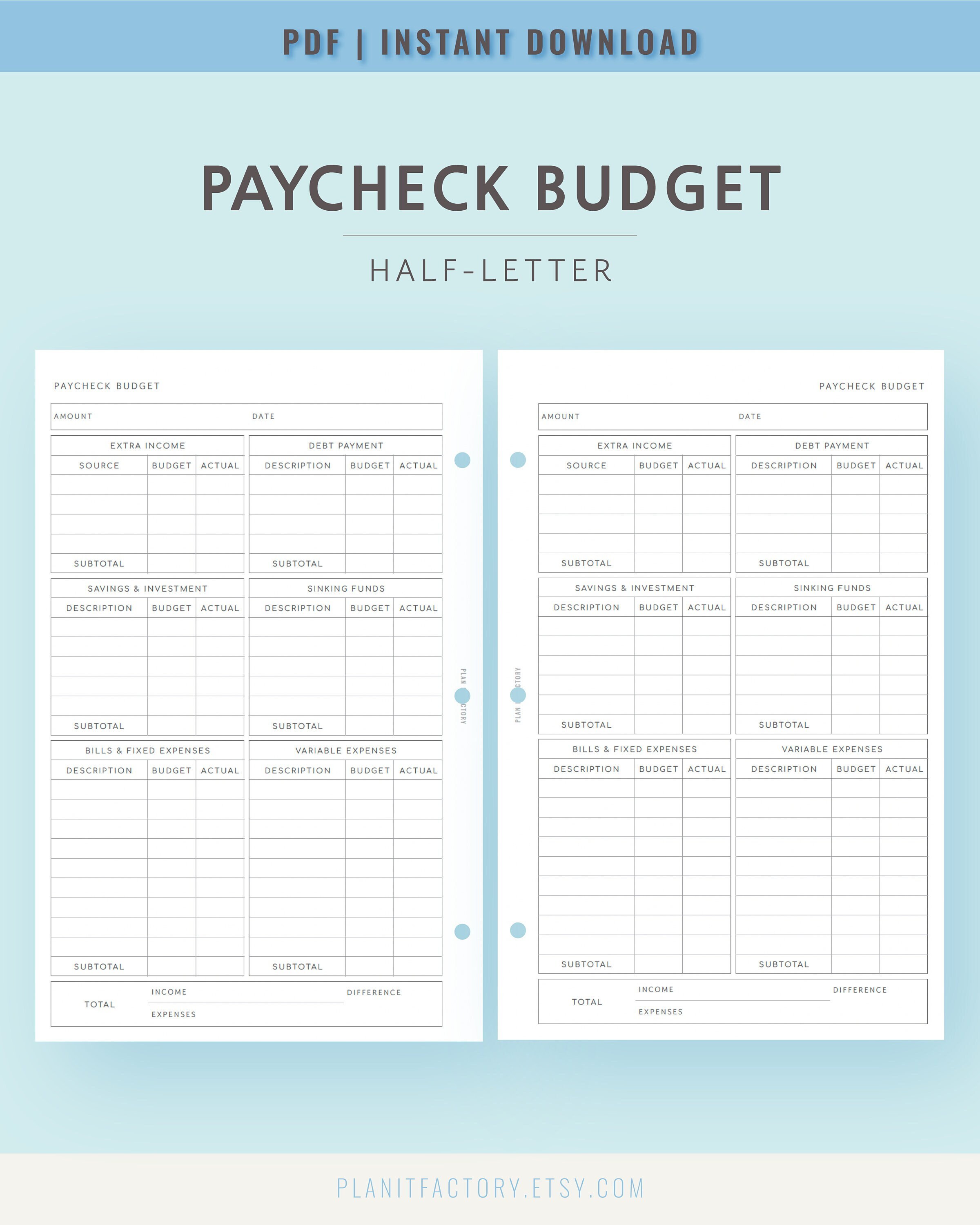Paycheck Budget Template Half Letter Budget by Paycheck PDF Paycheck ...