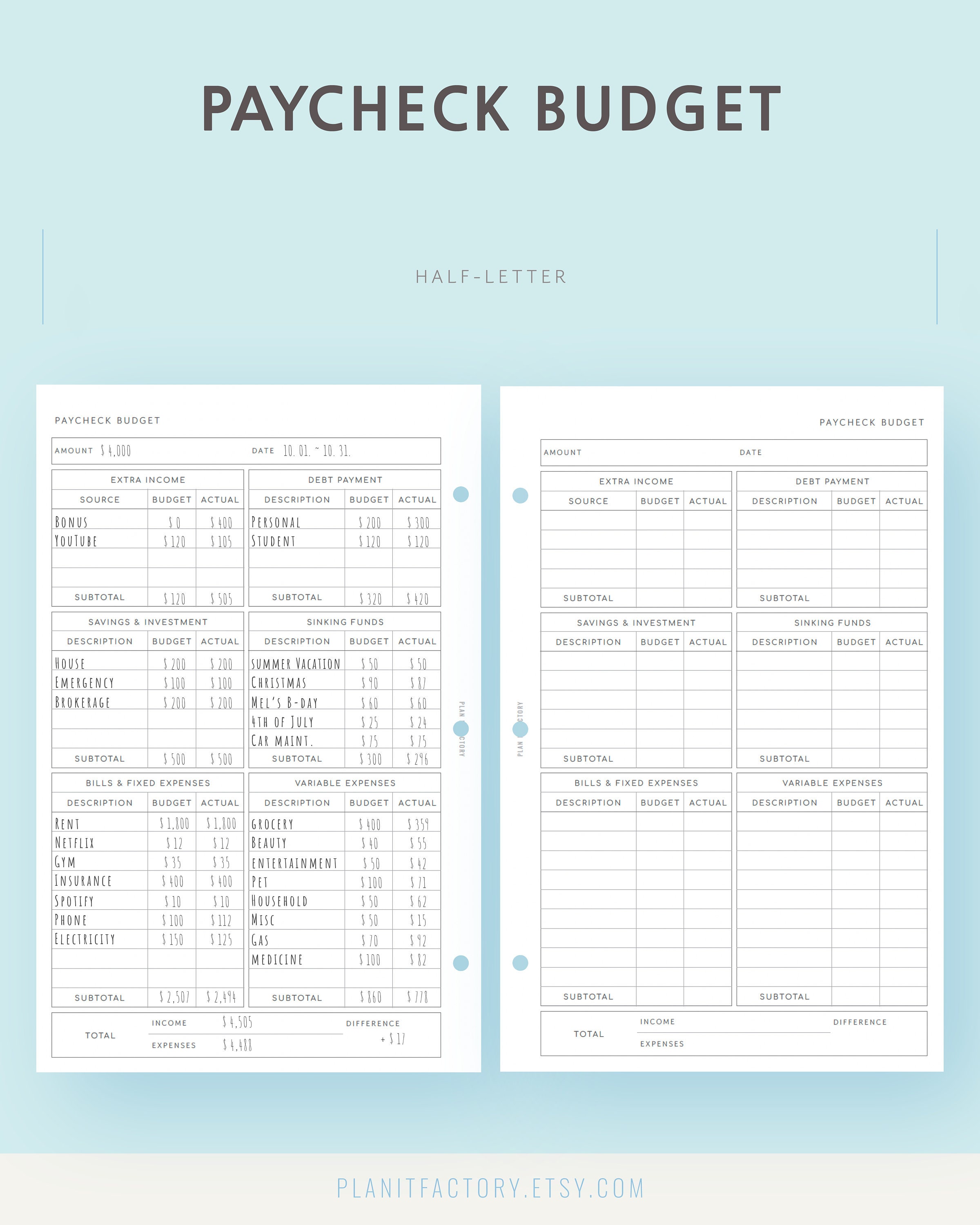 Paycheck Budget Template Half Letter Budget by Paycheck PDF Paycheck ...