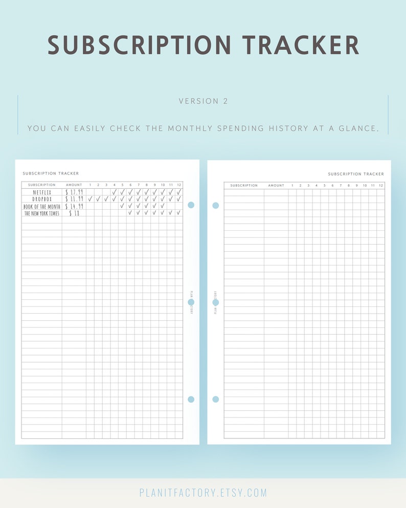 Subscription Tracker Printable Half Letter Membership Service Checklist ...