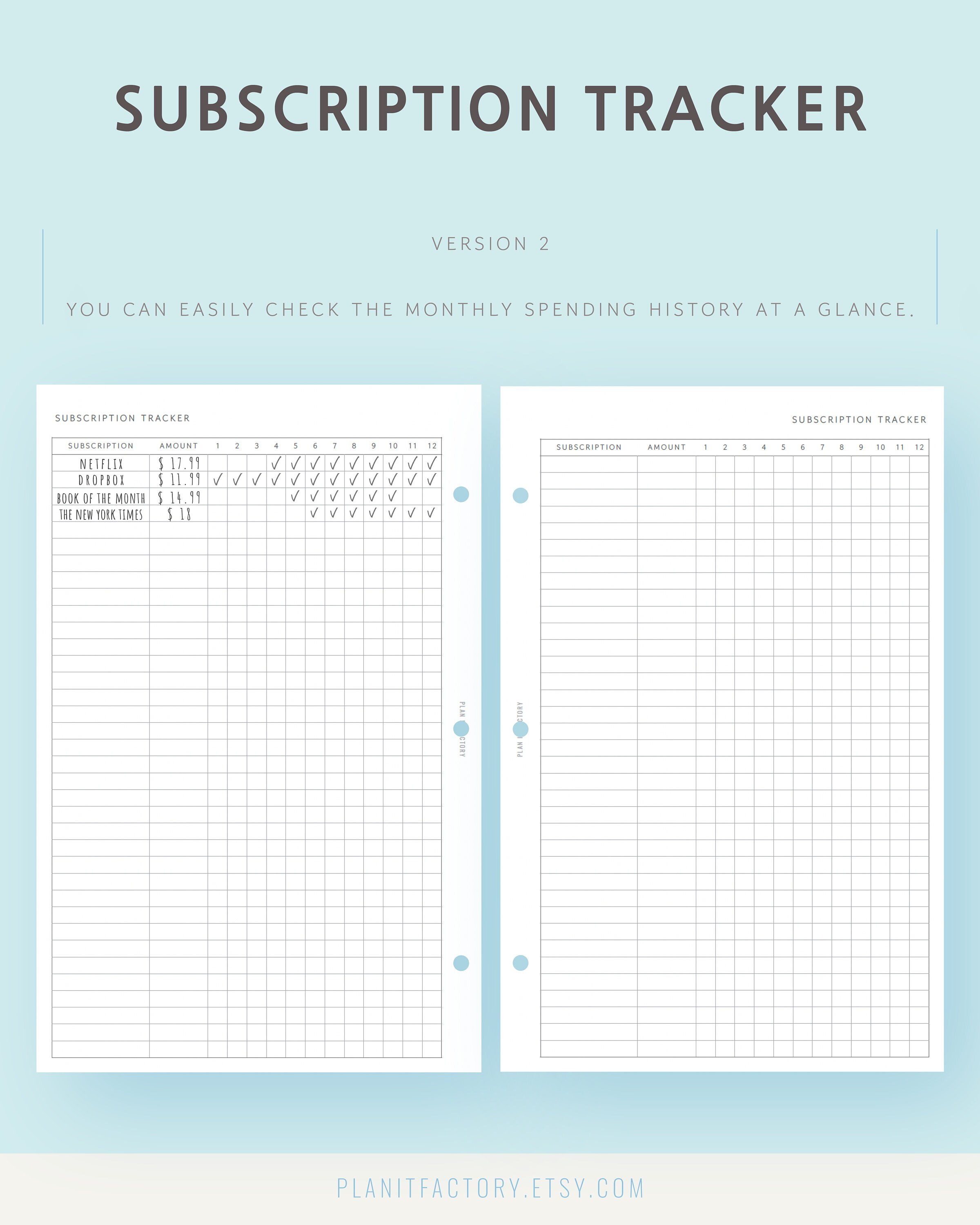Subscription Tracker Printable Half Letter Membership Service Checklist ...