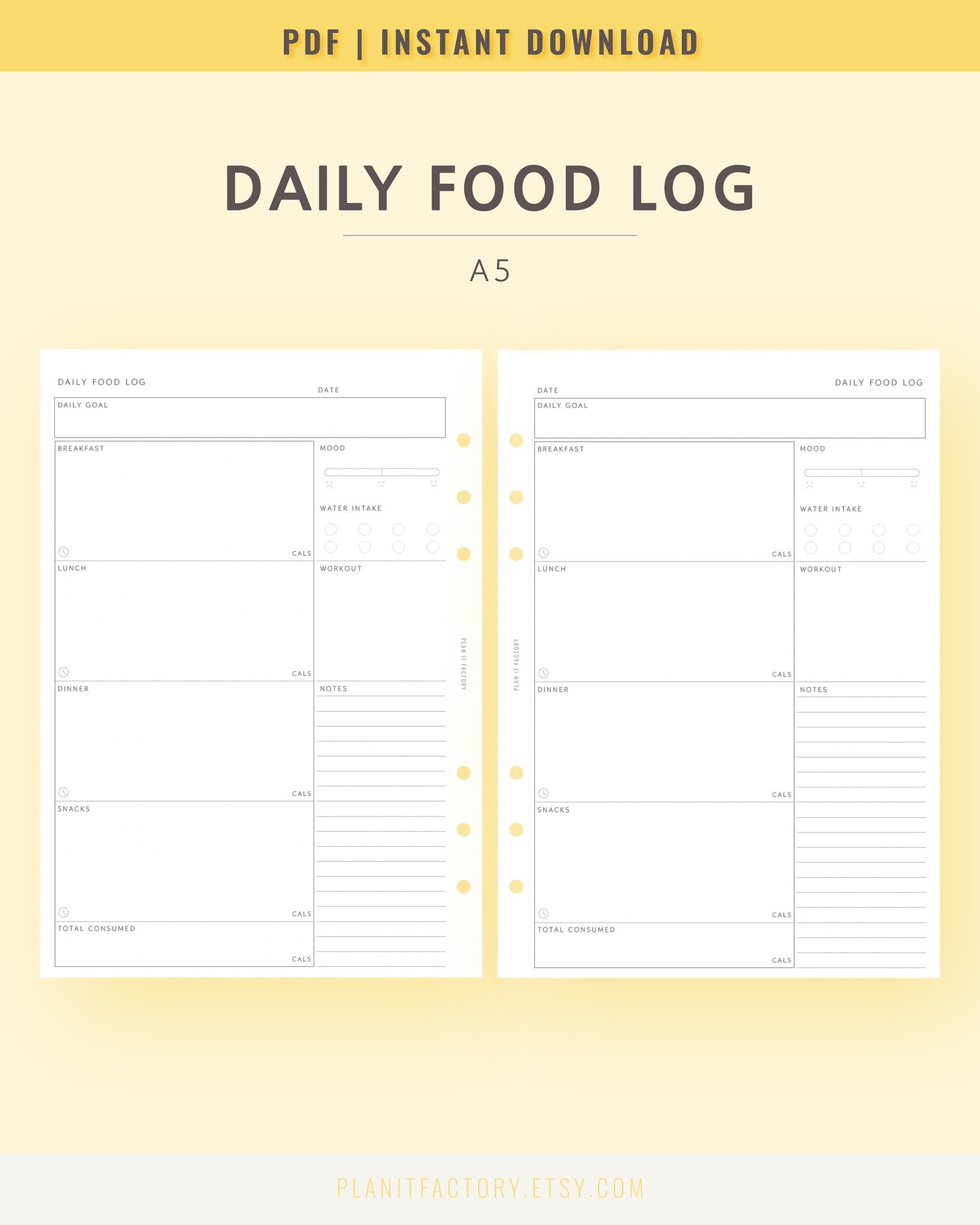 Daily Food Log Printable Pages A5 Size Daily Food Diary Template Meal ...