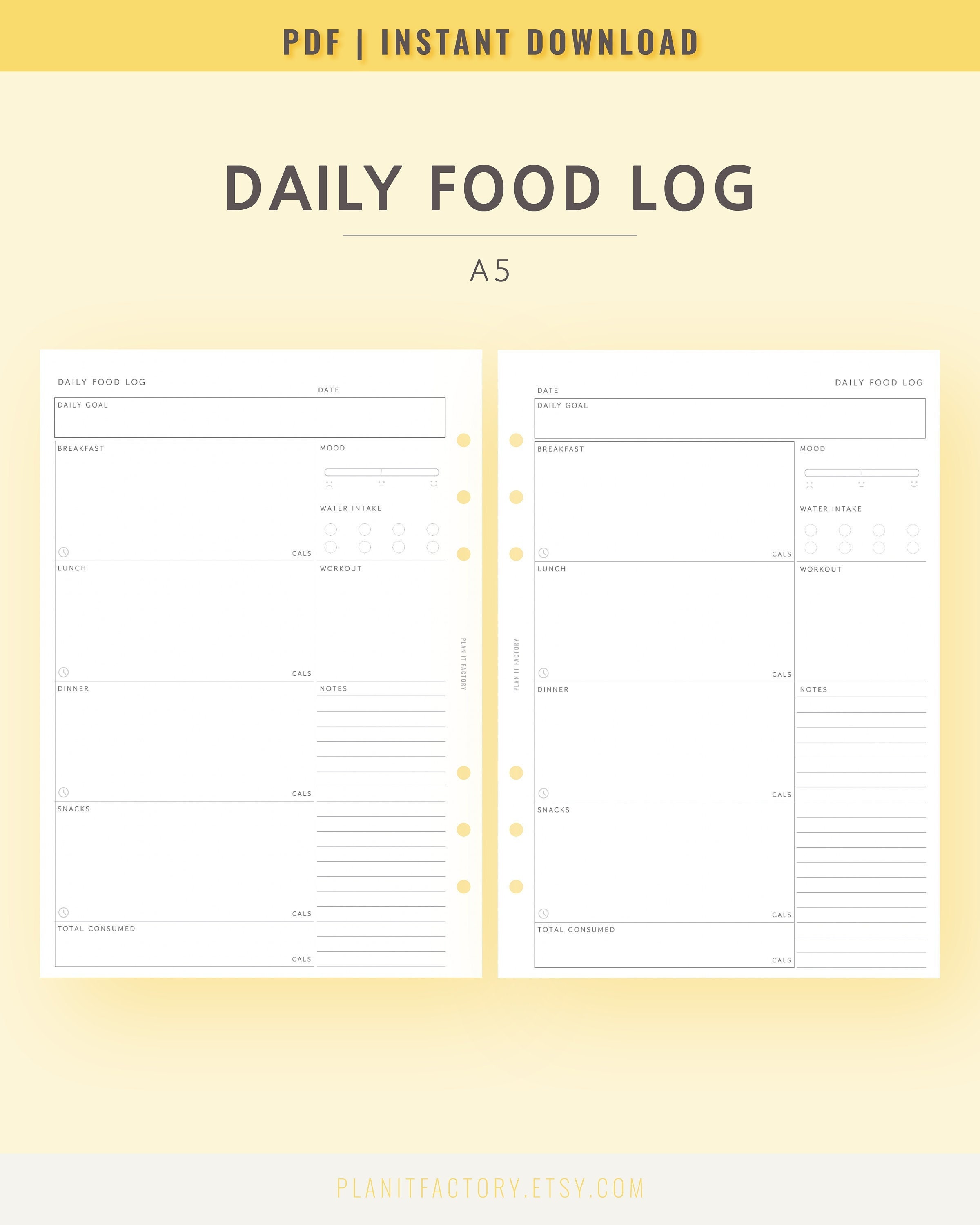 Daily Food Log Printable Pages A5 Size Daily Food Diary Template Meal ...