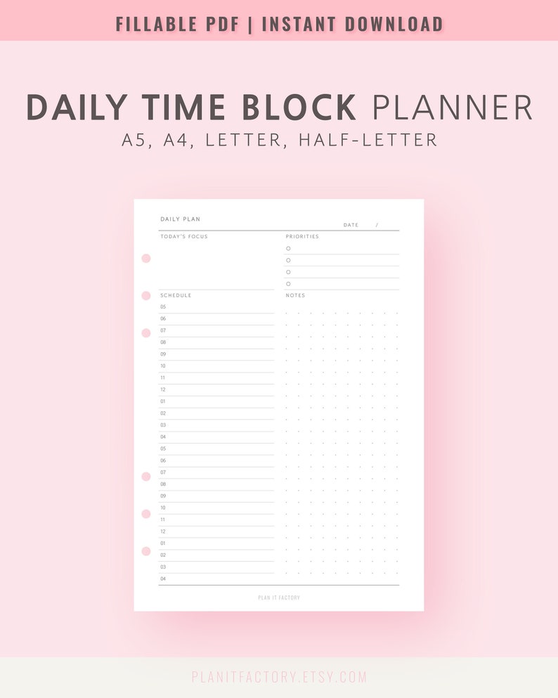 Daily Time Block Planner Printable Insert Minimalist Page - Etsy