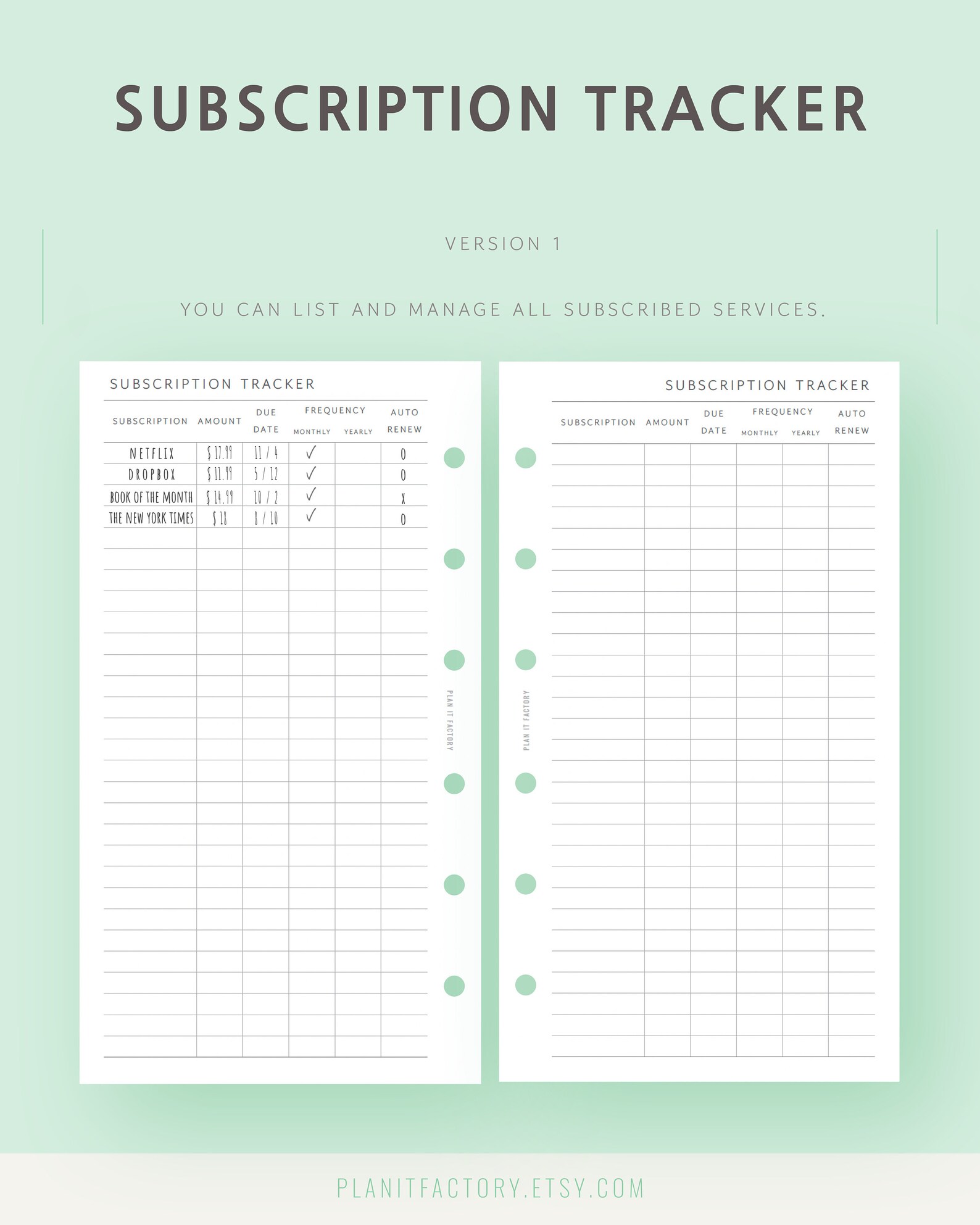 Subscription Tracker Printable Personal Size Membership Service ...