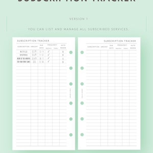 Subscription Tracker Printable Personal Size Membership Service ...