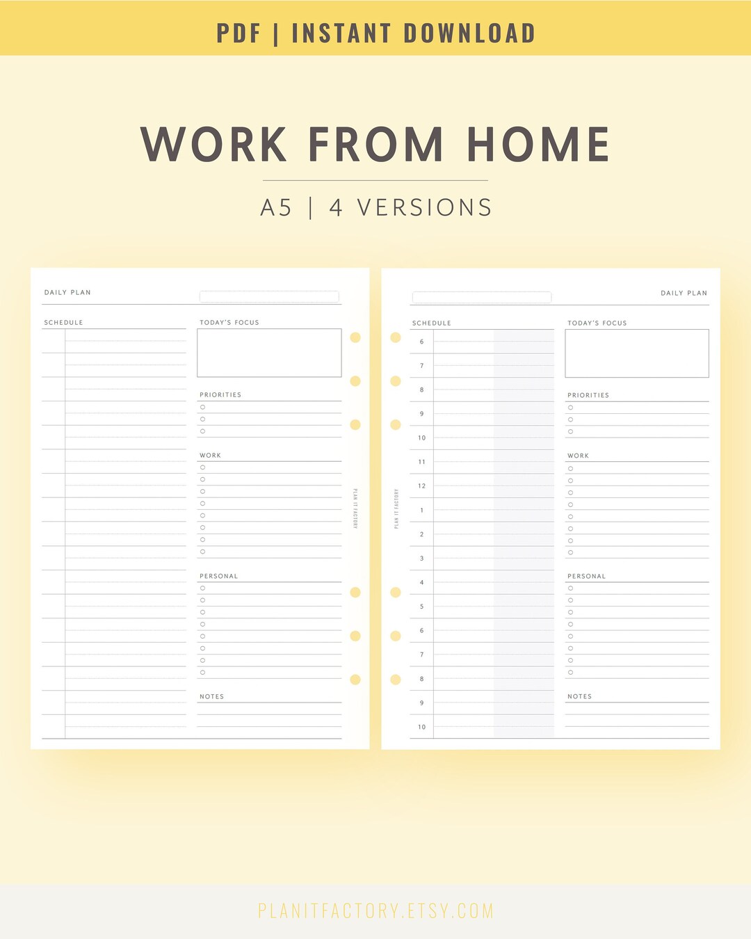 Daily Work From Home Planner Printable Pages A5 Time Block Planner ...