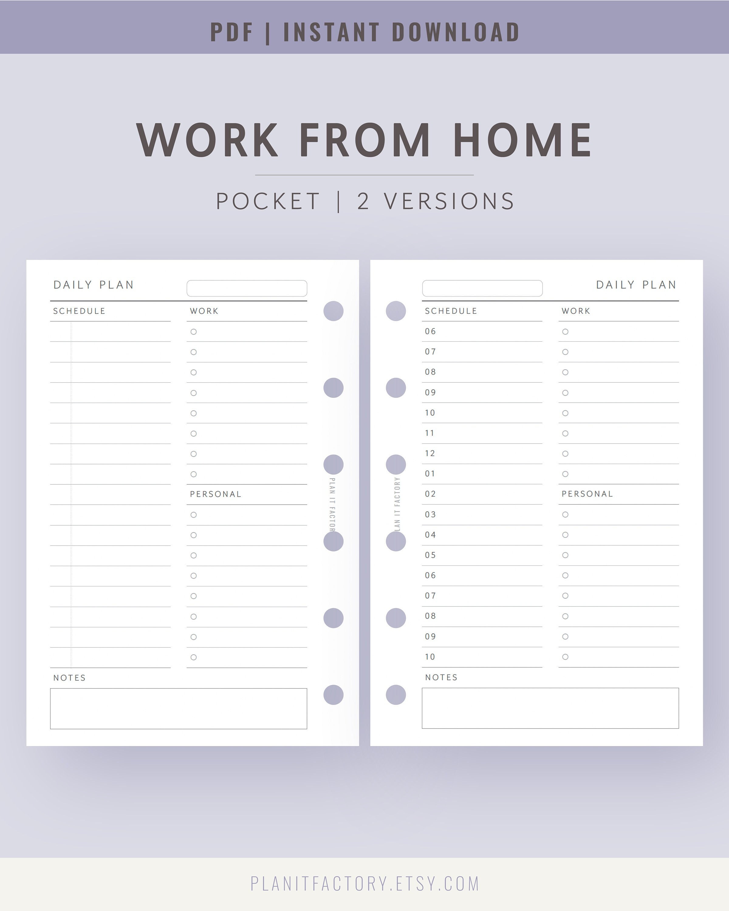 Daily Work From Home Planner Printable Pages Pocket Size Time Block ...