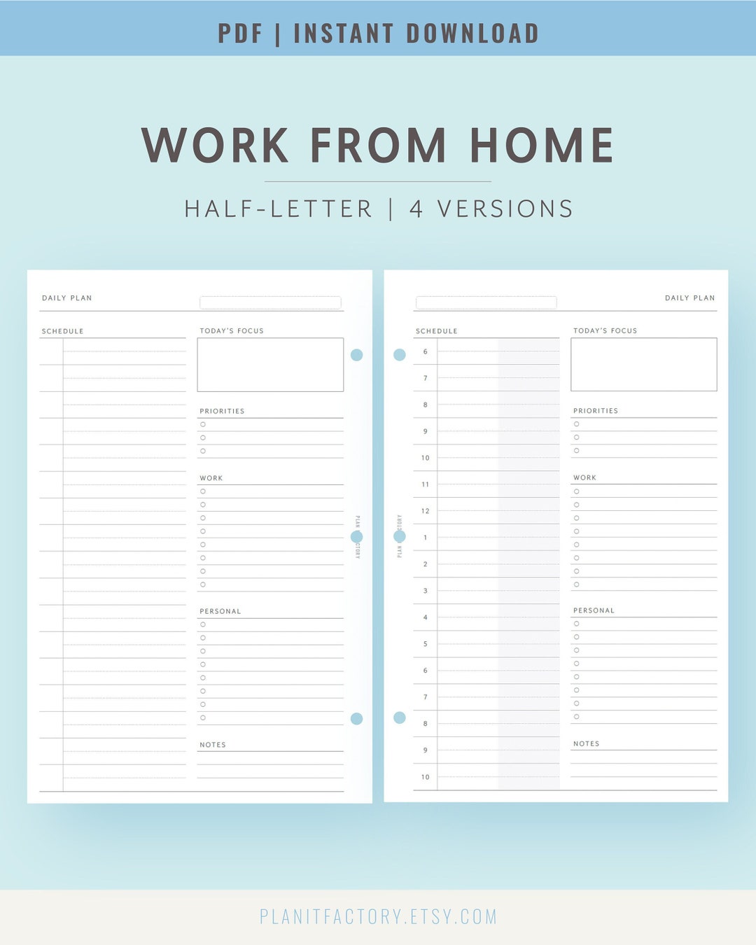 Daily Work From Home Planner Printable Pages Half Letter Time Block ...