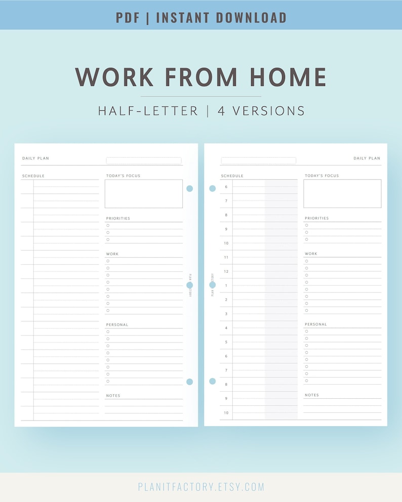 Daily Work From Home Planner Printable Pages Half Letter Time Block ...