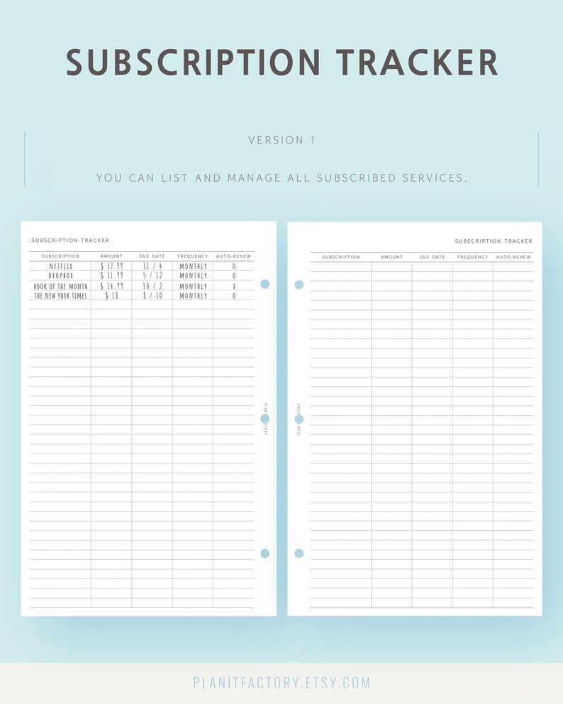 Subscription Tracker Printable Half Letter Membership Service Checklist ...