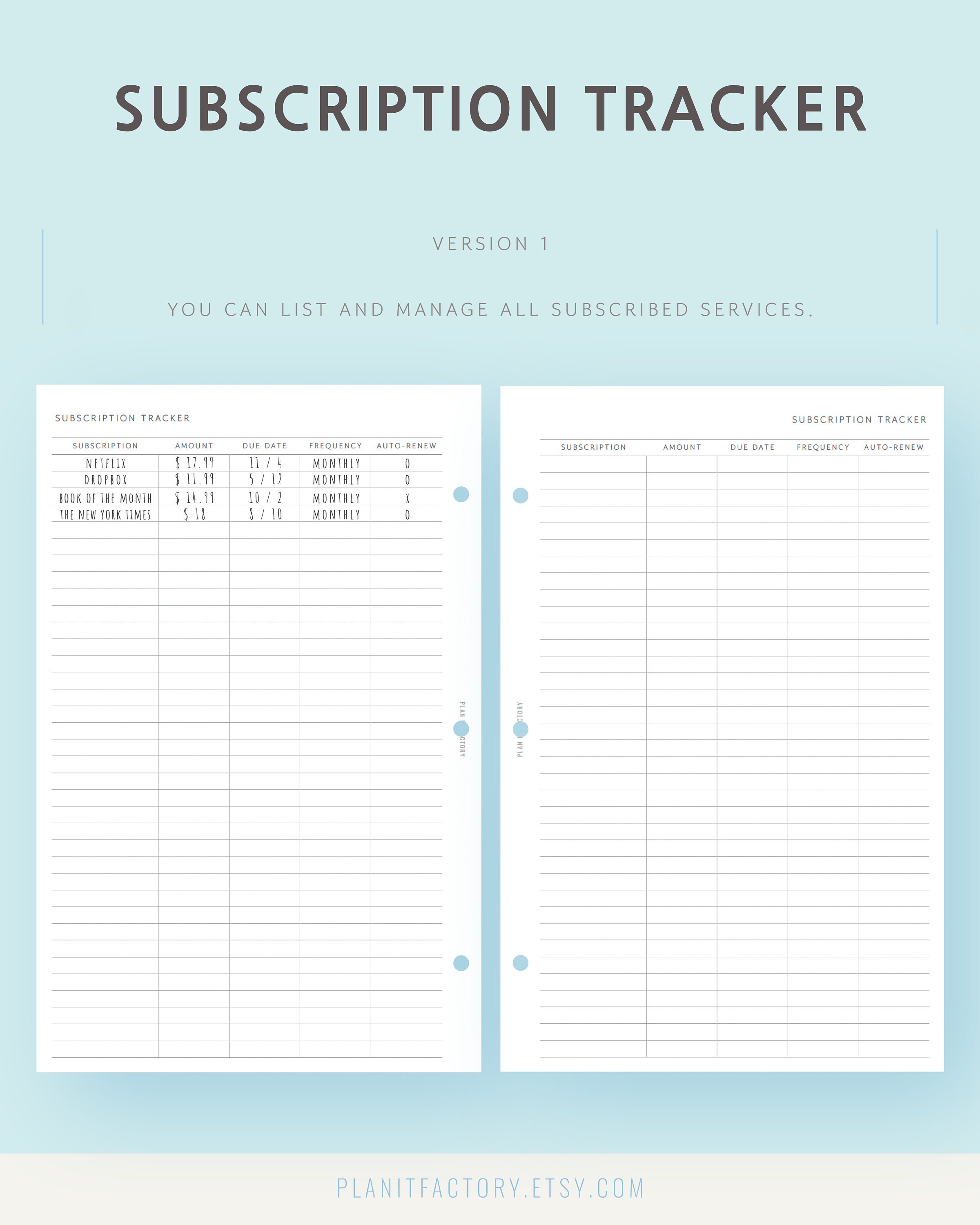 Subscription Tracker Printable Half Letter Membership Service Checklist ...