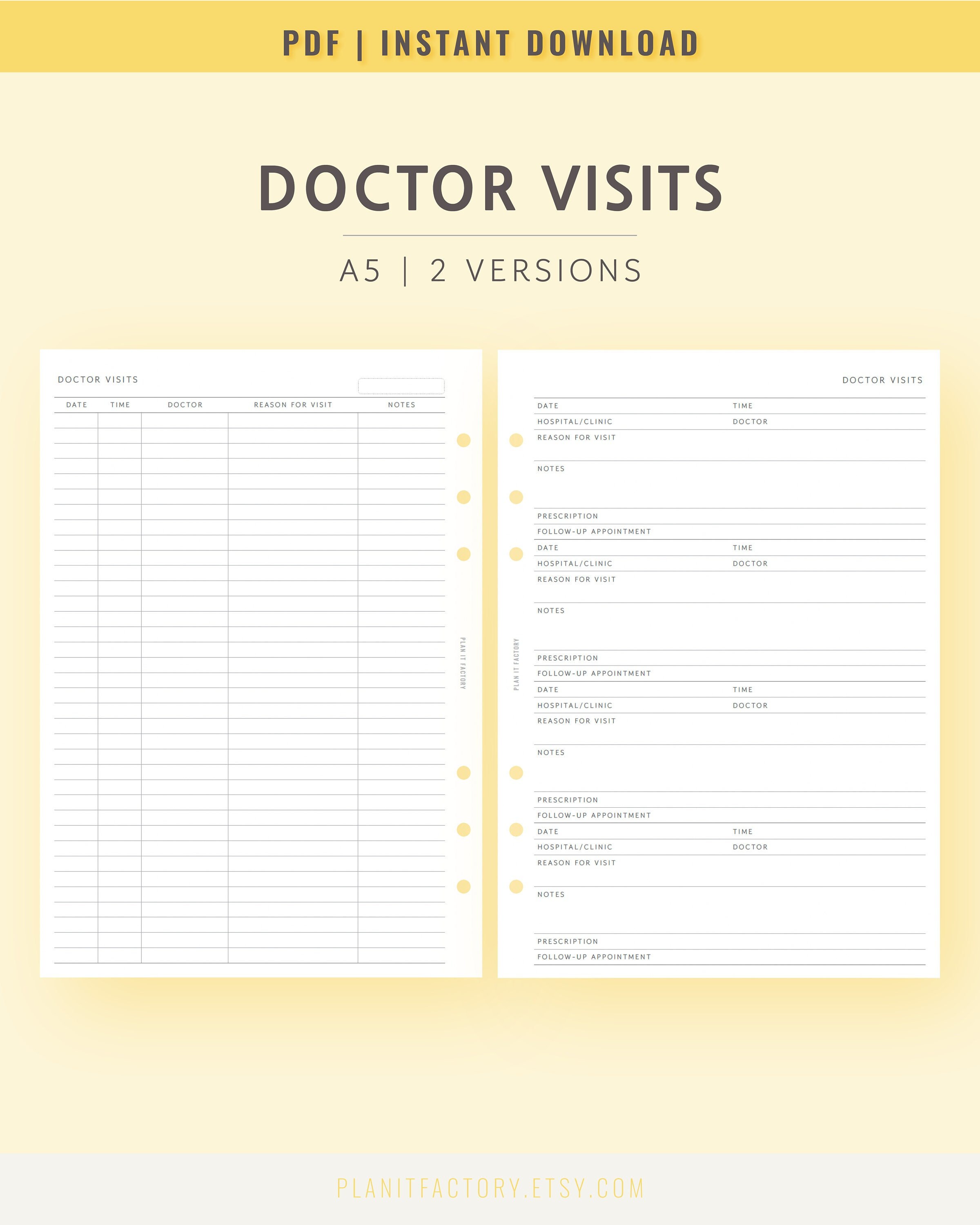 Doctor Visit Tracker Printable Pages A5 Medical Specialist Appointment ...