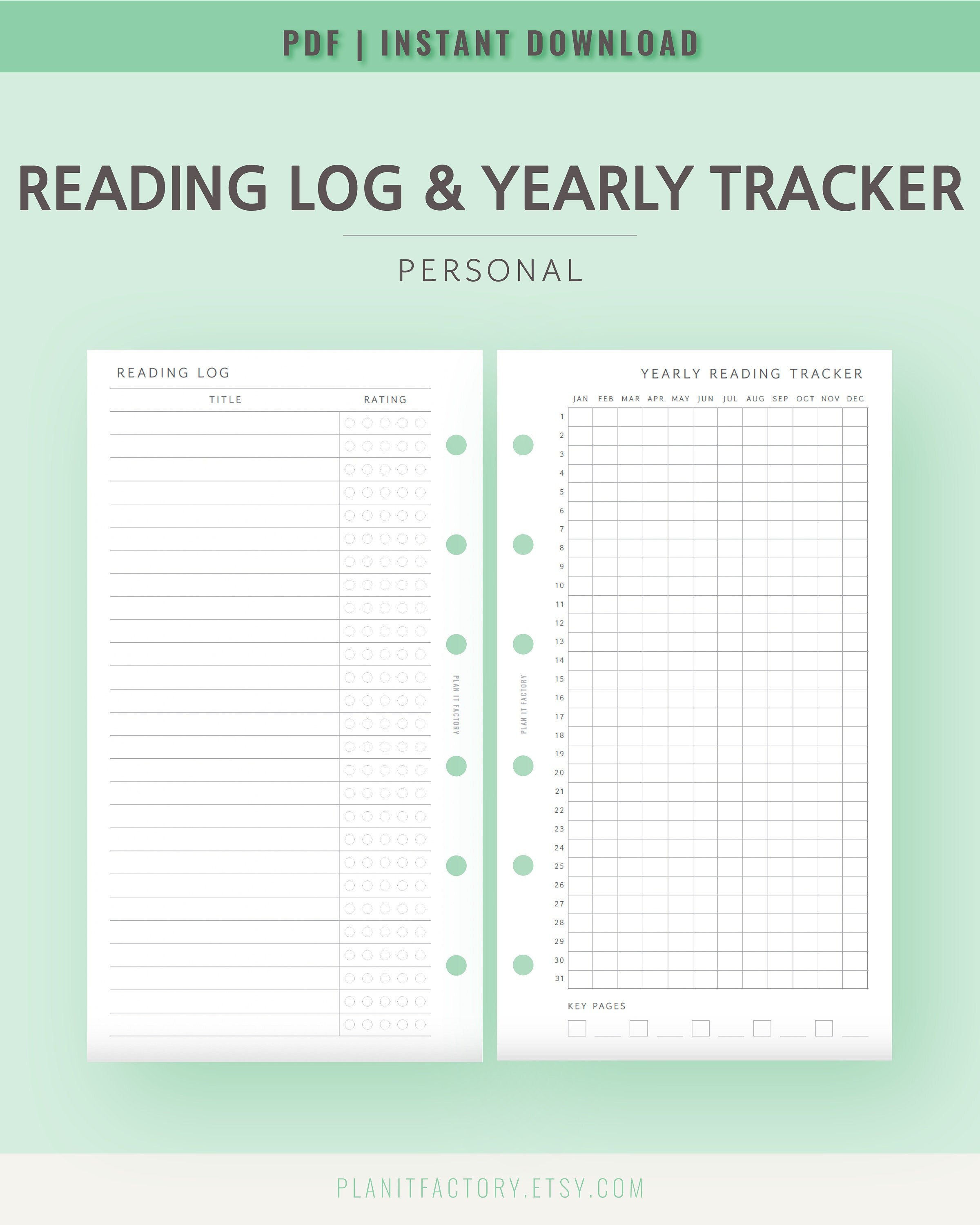 Reading Log & Yearly Reading Tracker Printable Template Personal Size ...