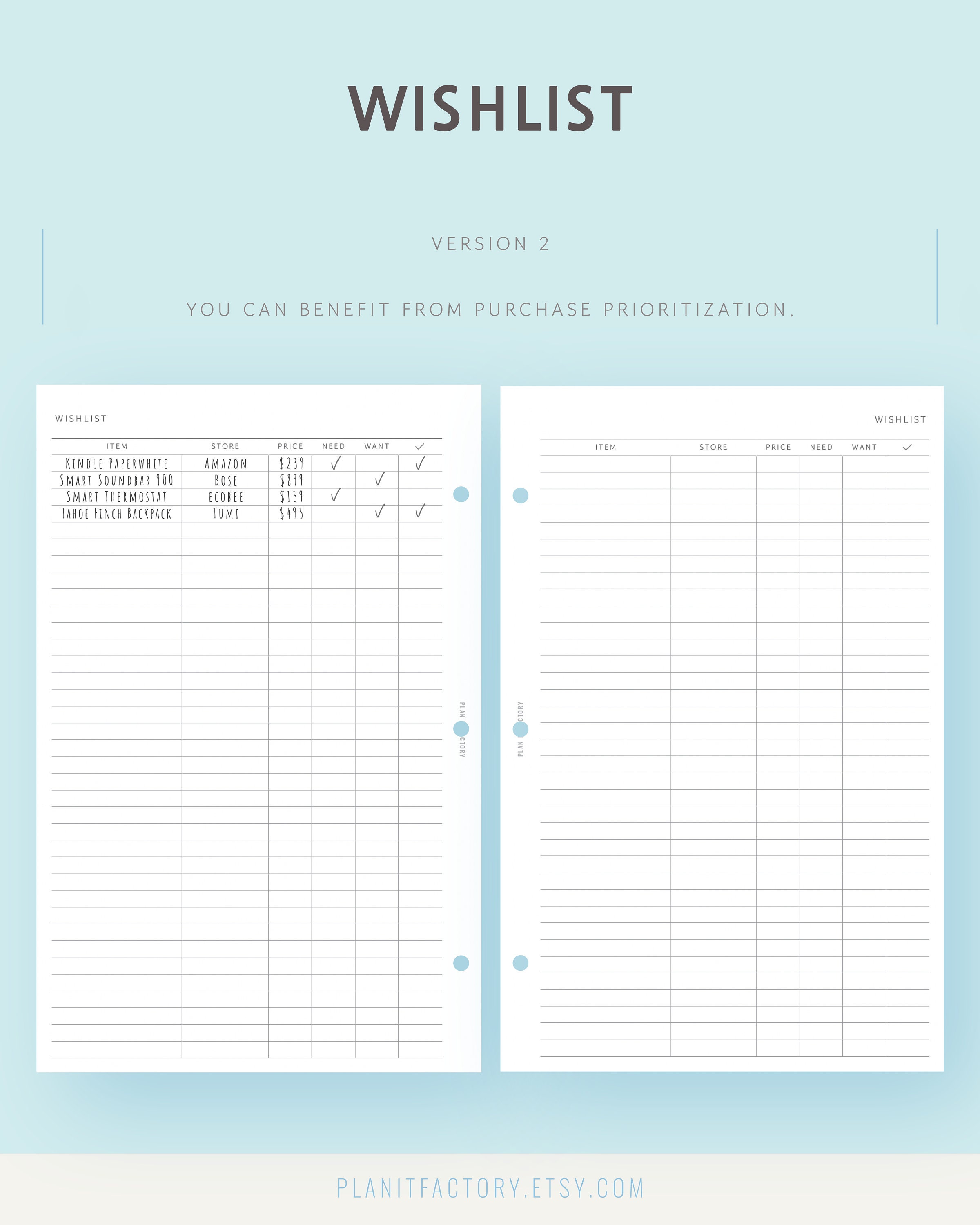 Wish List Printable Planner Inserts Half Letter Minimalist Wishlist ...