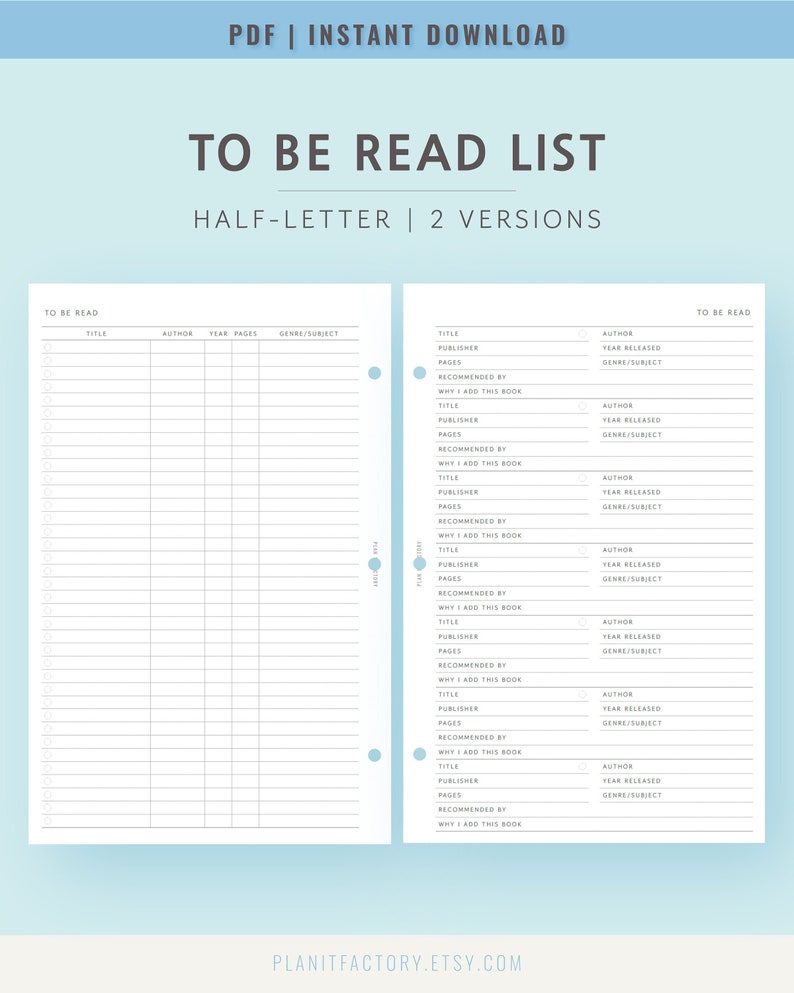 To Be Read List Template Printable Inserts Books to Read Pages for Book ...