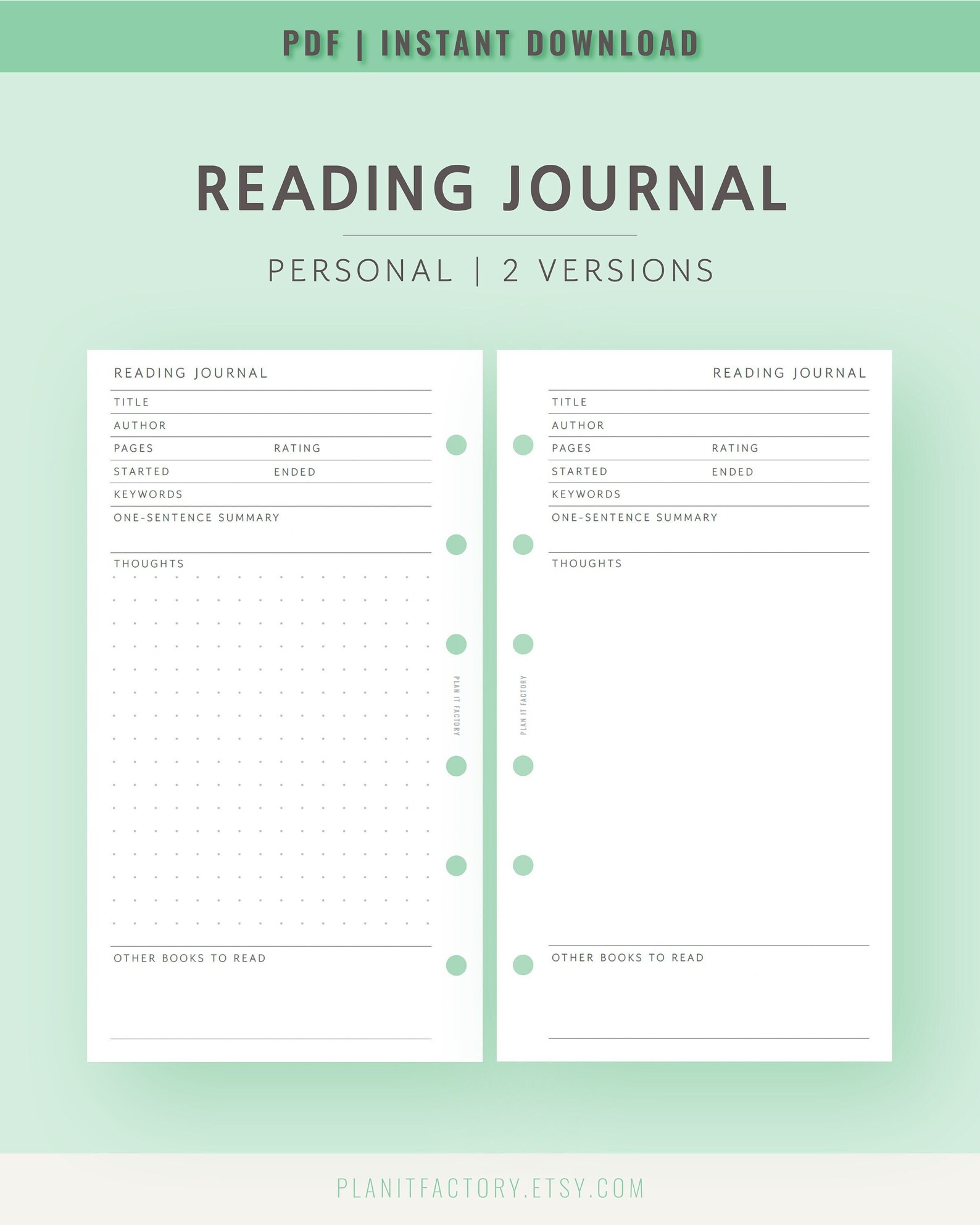 Reading Journal Printable Insert Page Personal Size Simple Book Review ...