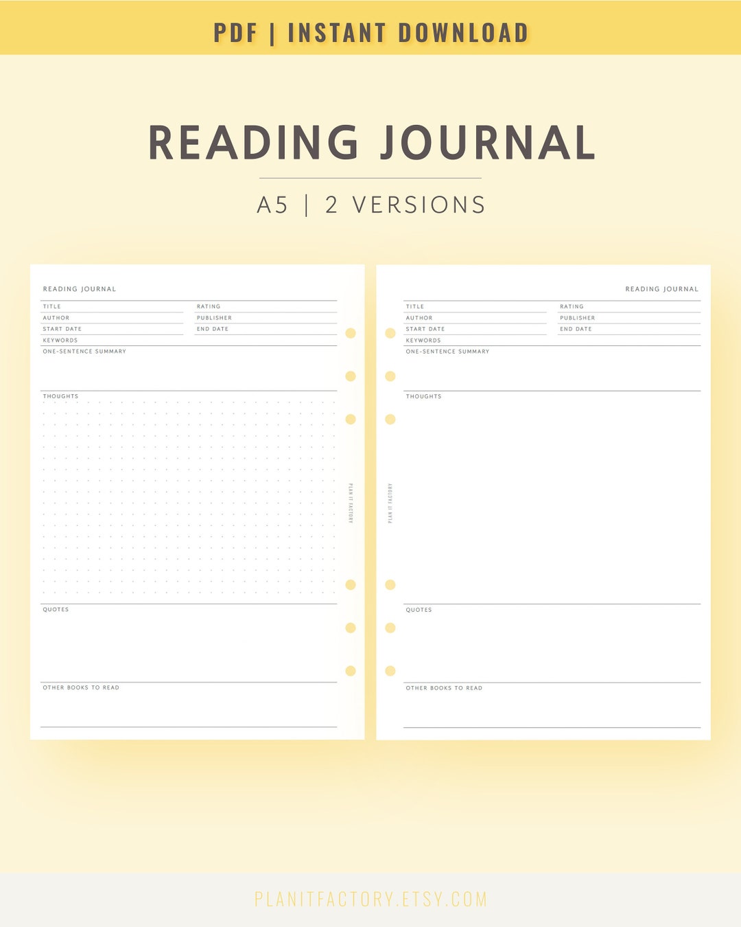 Reading Journal Printable Insert Page A5 Simple Book Review Log ...