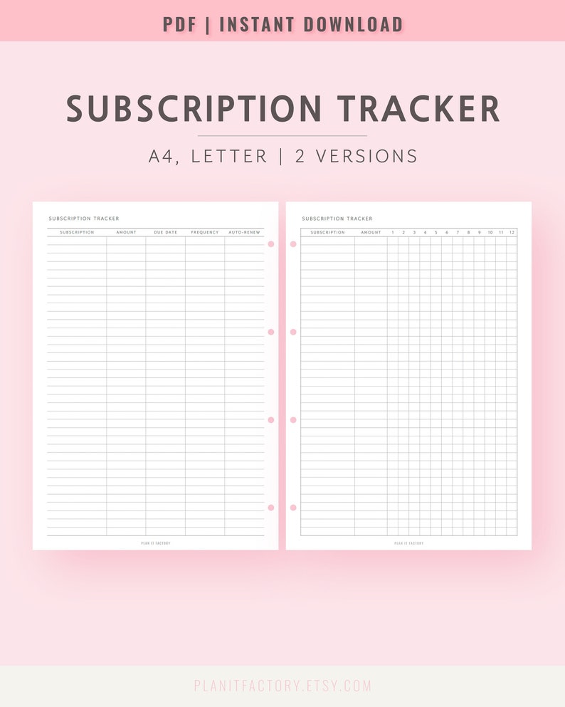 Subscription Tracker Printable A4, Letter Membership Service Checklist ...