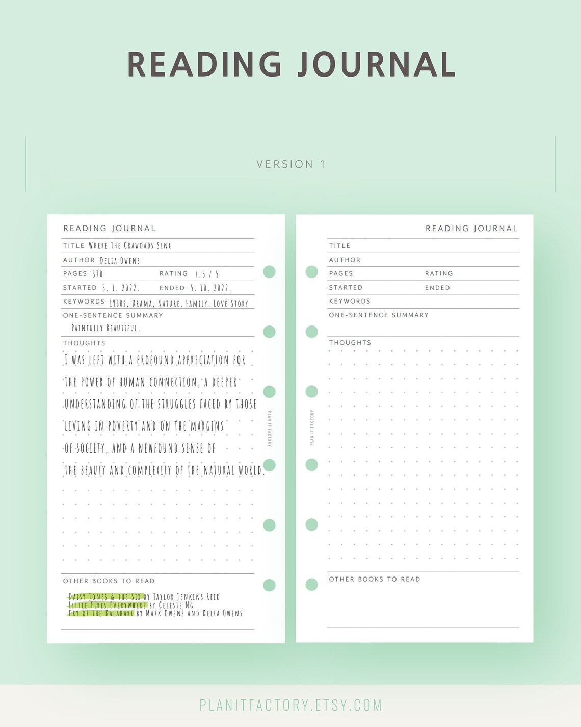 Reading Journal Printable Insert Page Personal Size Simple Book Review ...