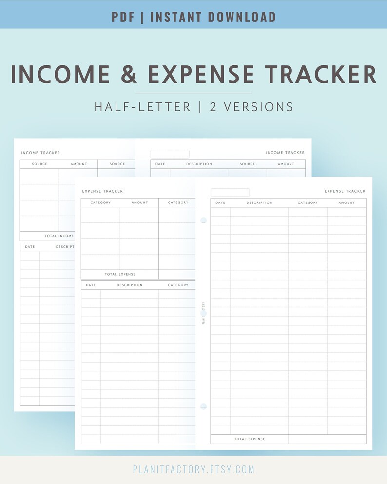 Income & Expense Tracker Printable Pages Half Letter Financial ...