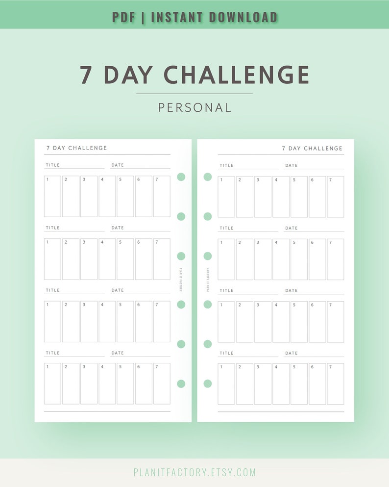 7 Day Challenge Tracker Printable Planner Page Personal Size Minimalist ...