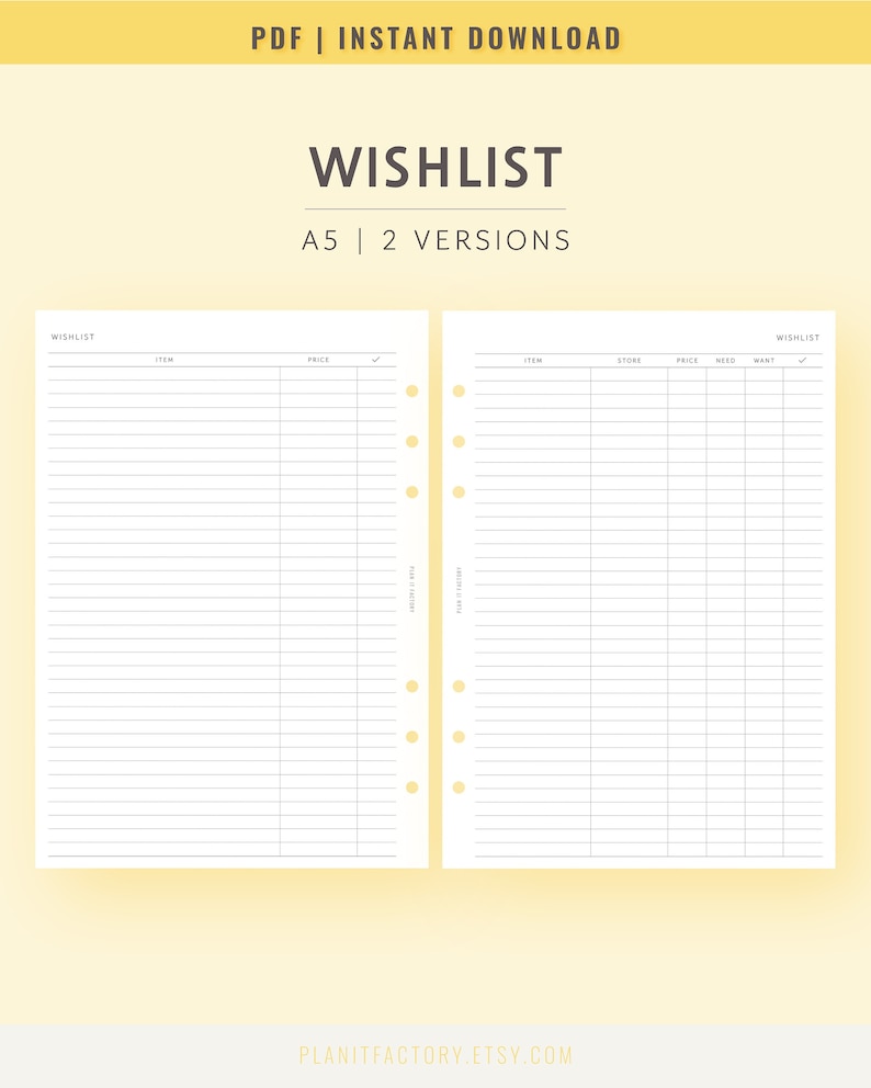 Wish List Printable Planner Inserts A5 Minimalist Wishlist - Etsy