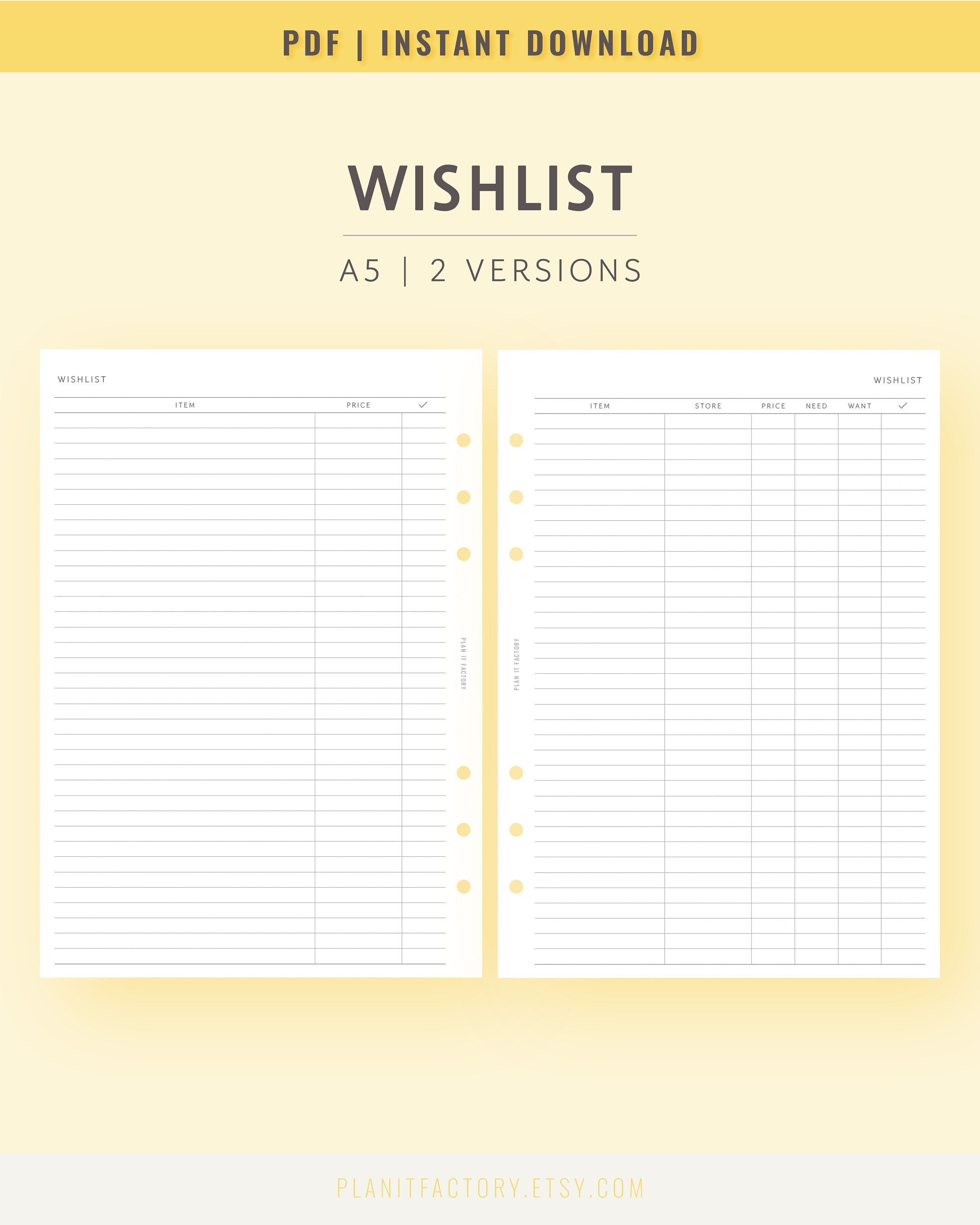 Wish List Printable Planner Inserts A5 Minimalist Wishlist Page ...