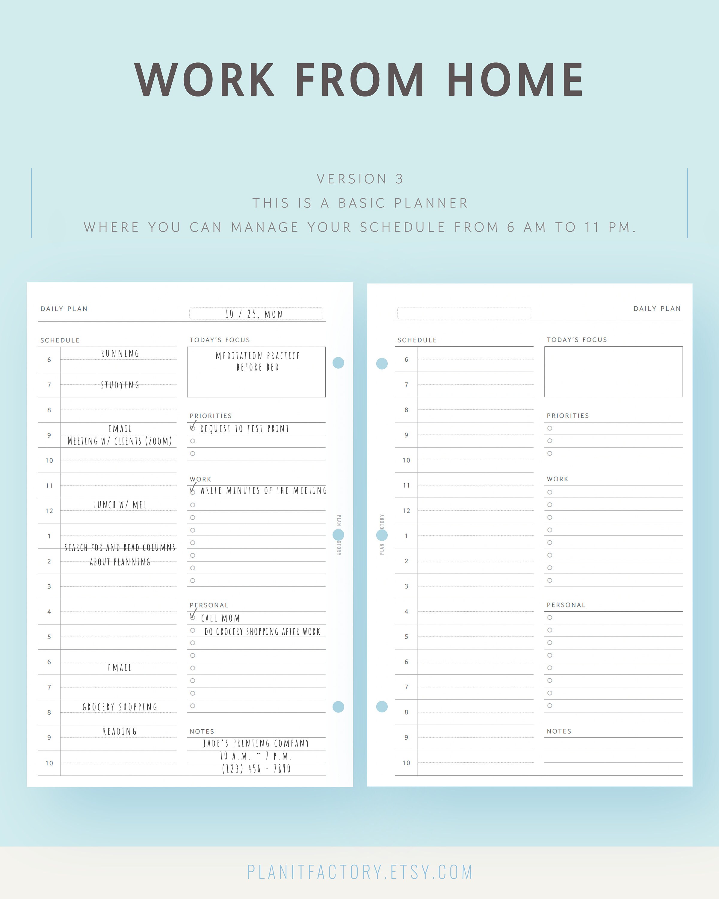 Daily Work From Home Planner Printable Pages Half Letter Time Block ...