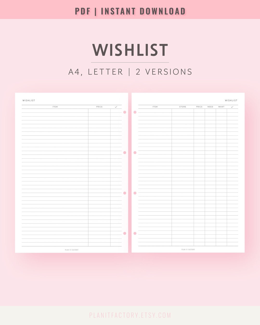 Wish List Printable Planner Inserts A4, Letter Minimalist Wishlist Page ...