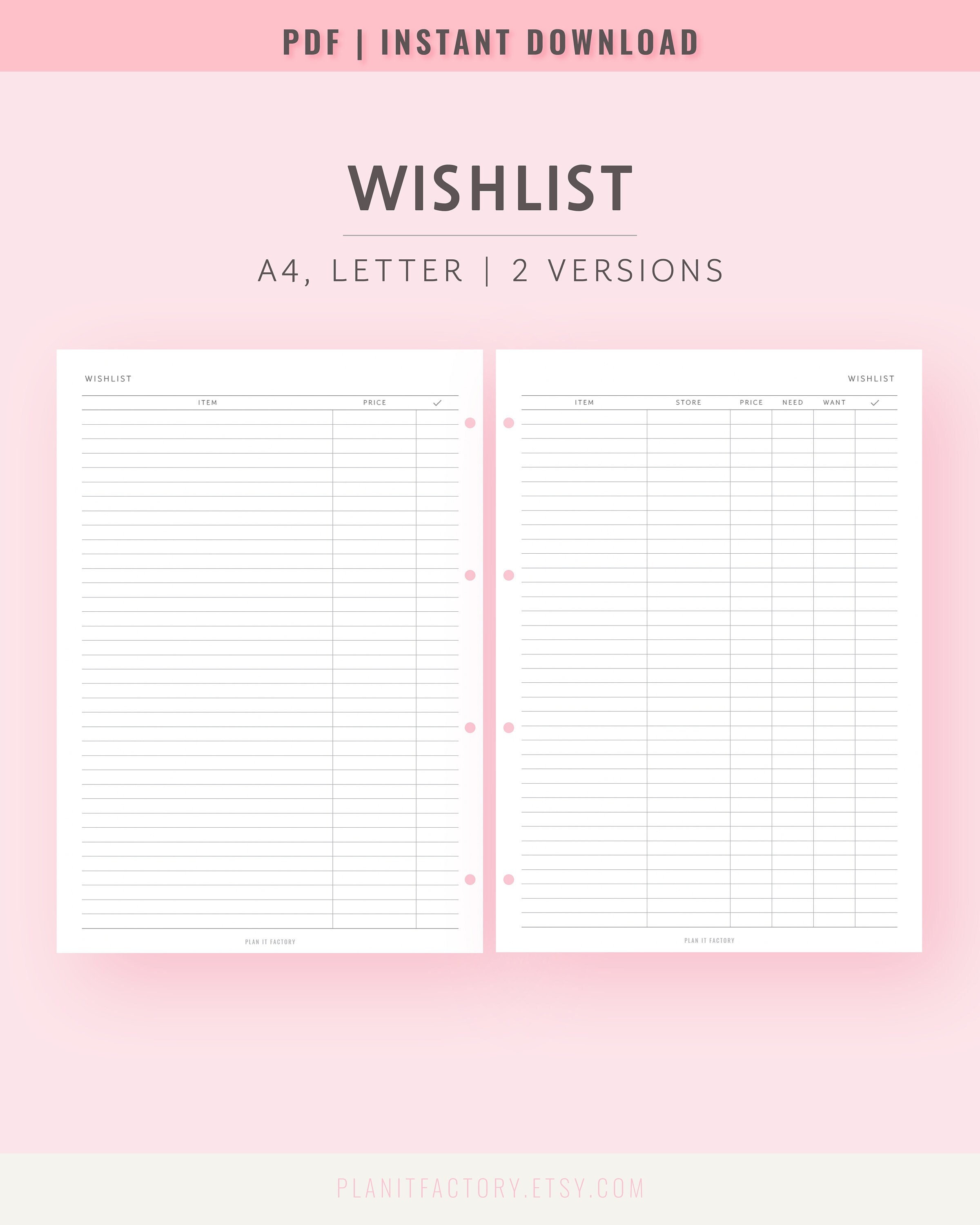 Wish List Printable Planner Inserts A4, Letter Minimalist Wishlist Page ...