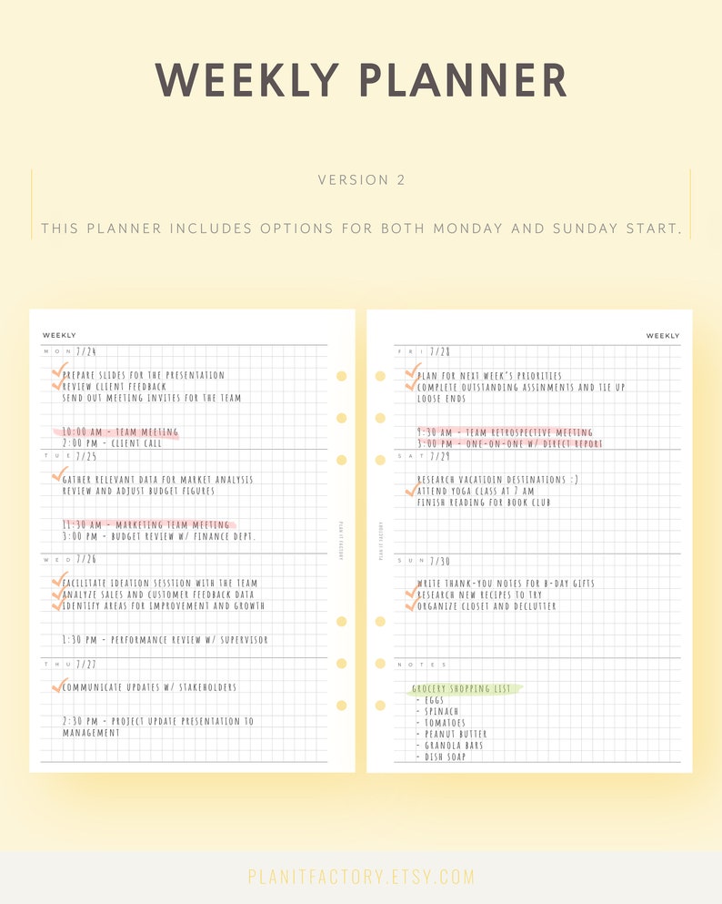 Undated Weekly Planner Printable Inserts A5 Grid Weekly - Etsy