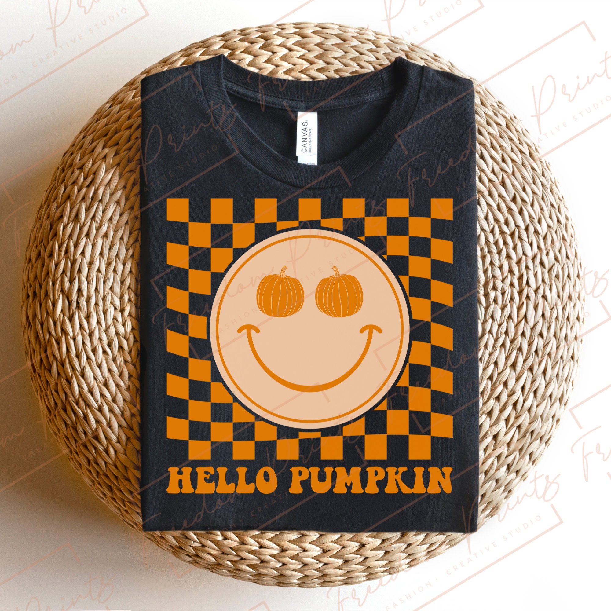 Retro Smiley Face Pumpkin Eyes Checkered Hello Pumpkin PNG - Etsy