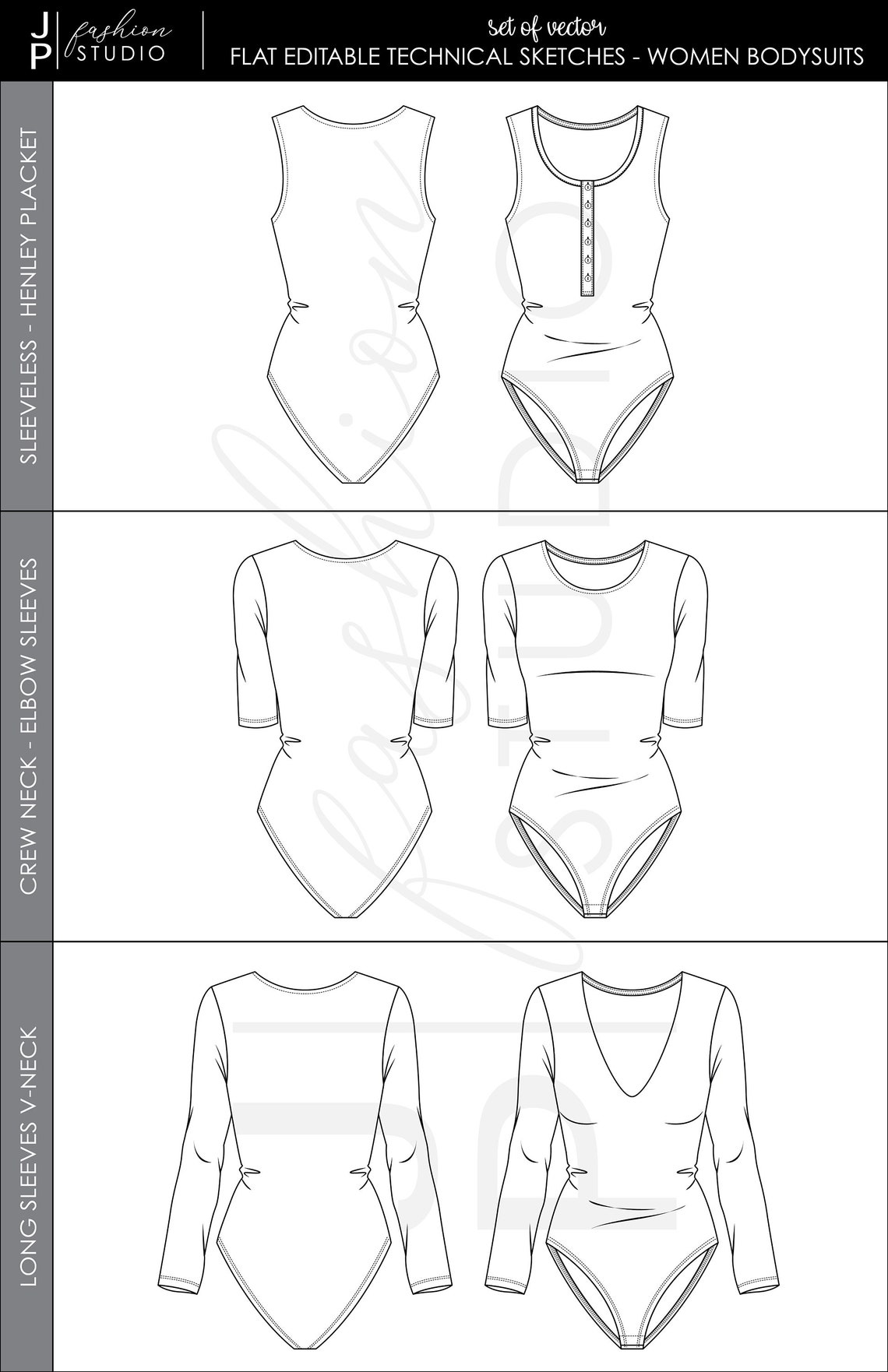 Set of Women Bodysuits (3 Styles) Vector Fashion Flat Sketches ...