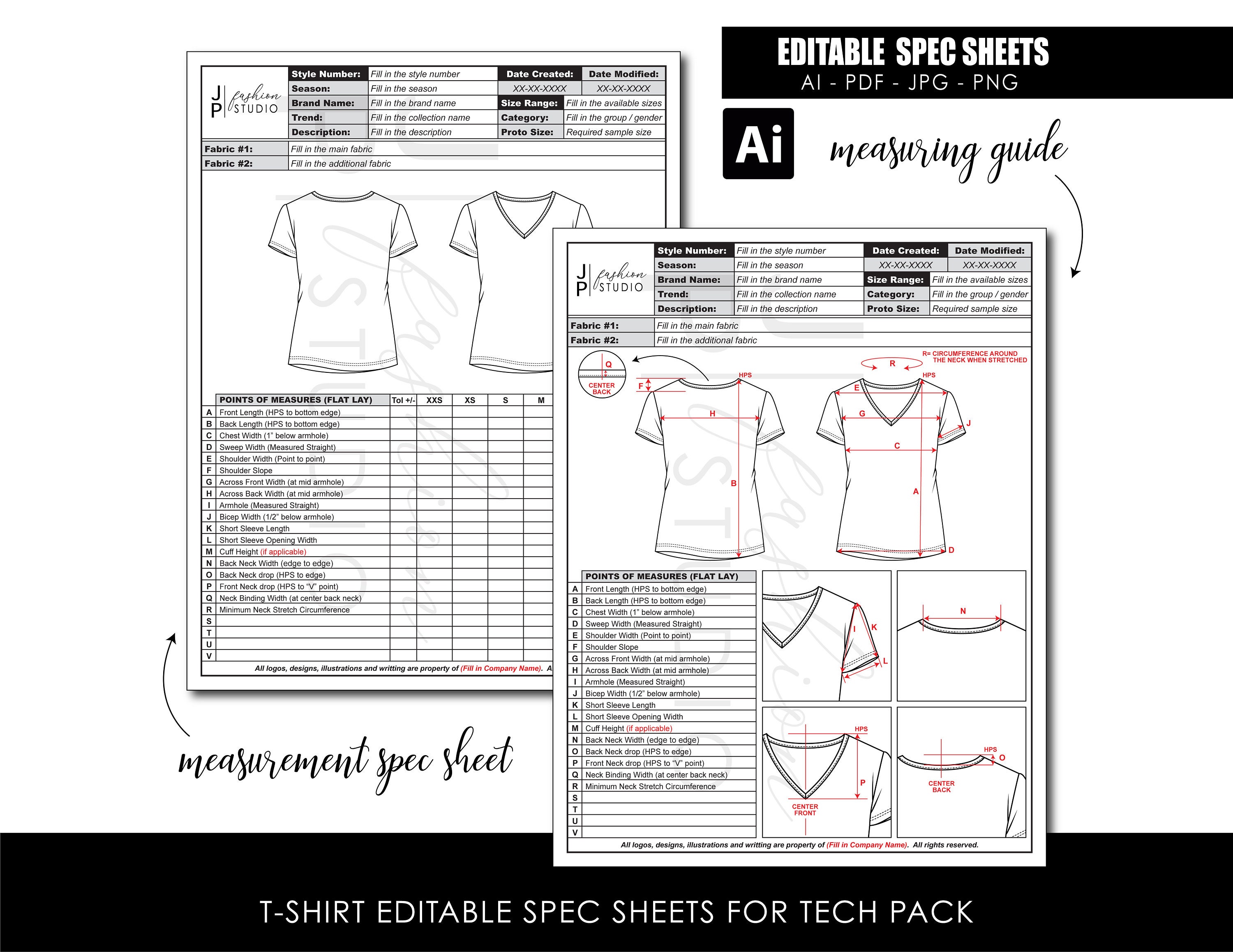 Complete Tech Pack Spec Sheets for Women's V-neck T-shirt, Apparel ...