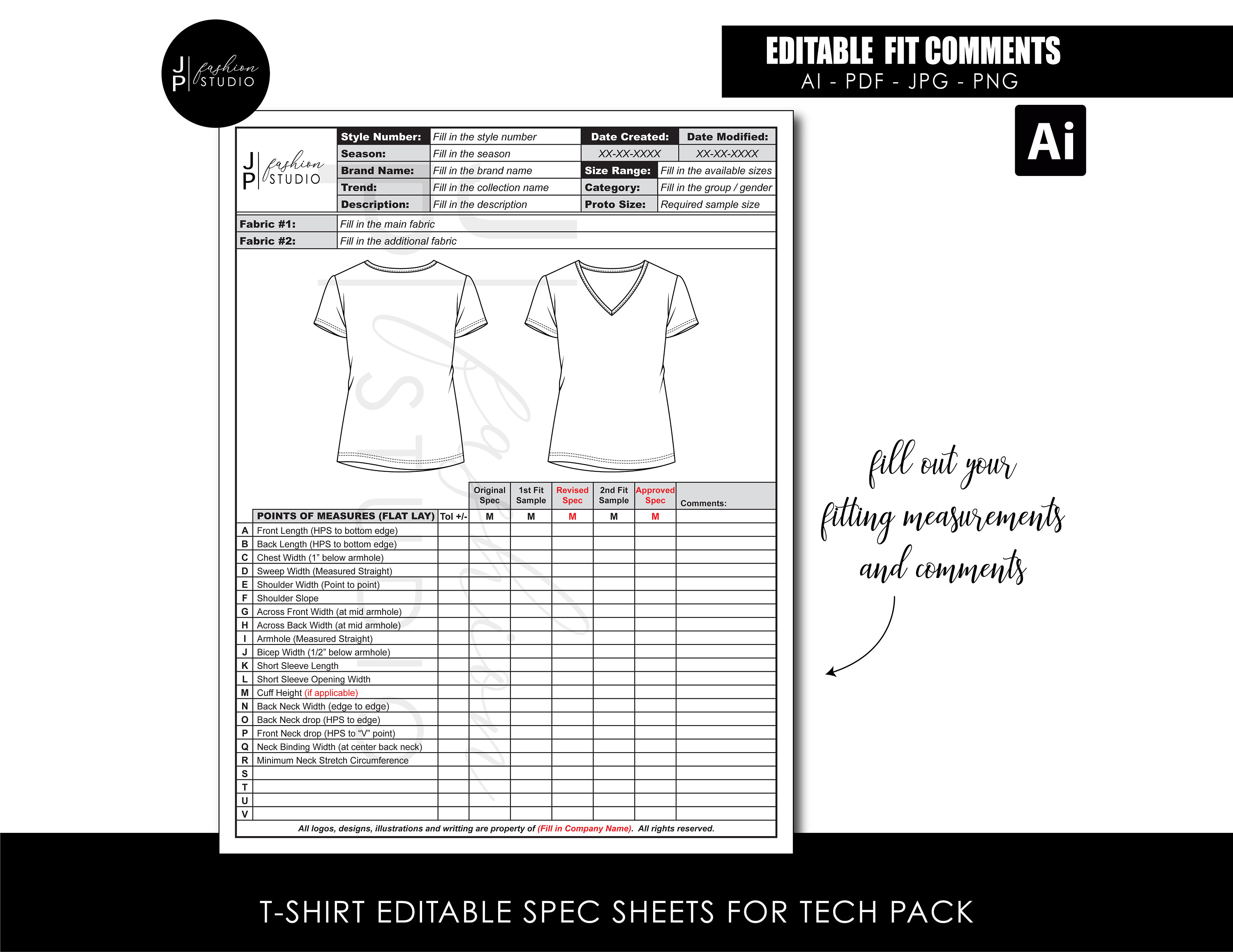 Complete Tech Pack Spec Sheets for Women's V-neck T-shirt, Apparel ...
