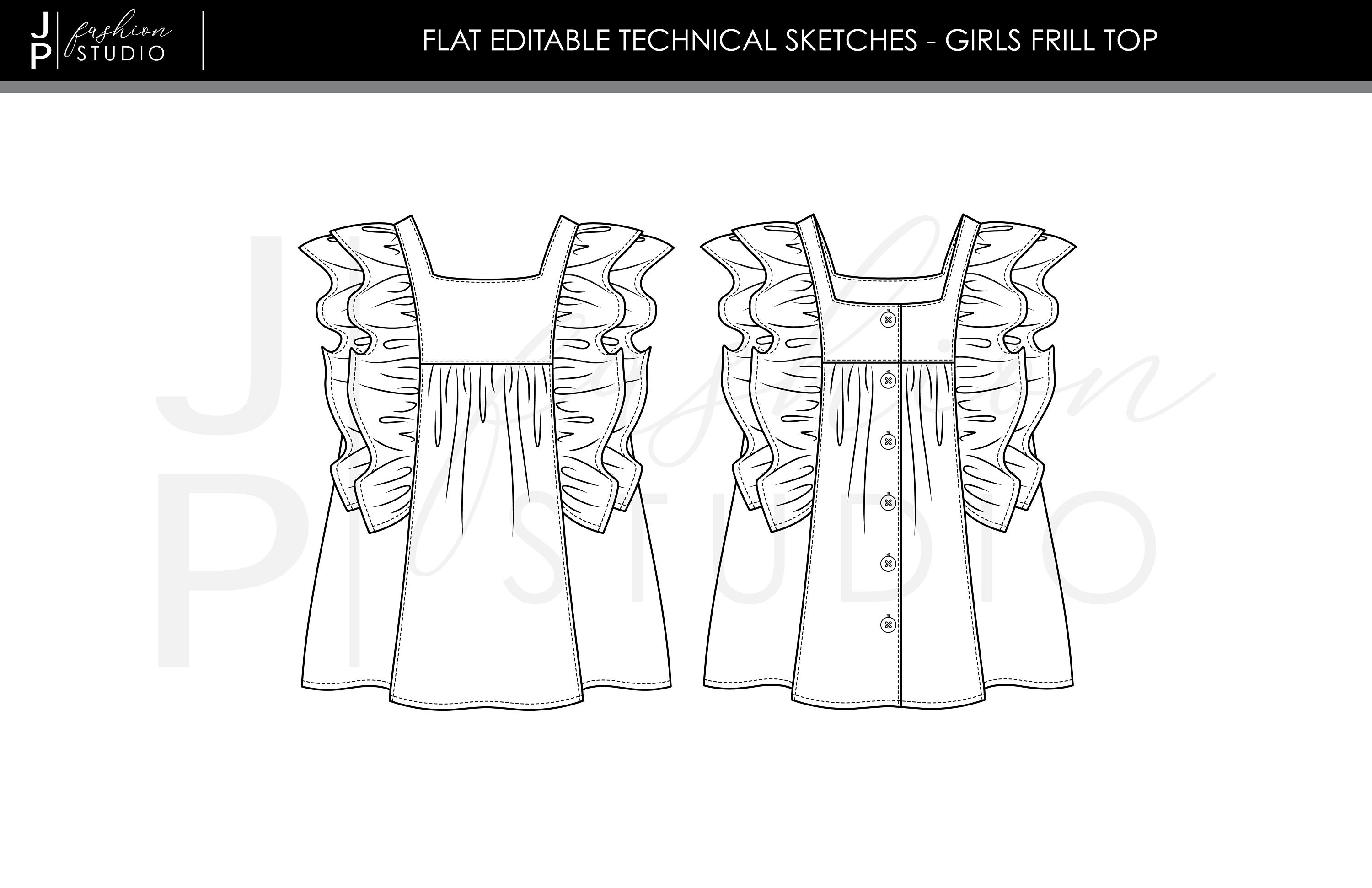 Girl Ruffle Blouse Fashion Technical Drawing Kidswear Cad