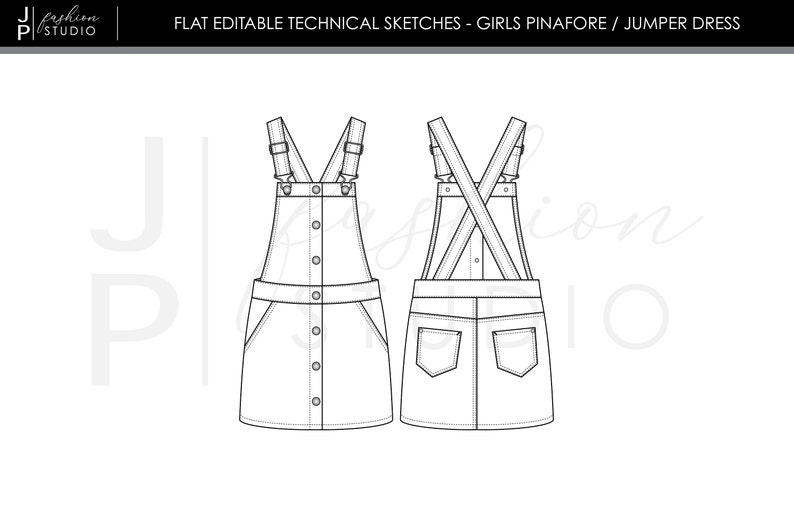 Girls Pinafore Dress Fashion Flat Sketch / Kids Jumper Dress Fashion ...