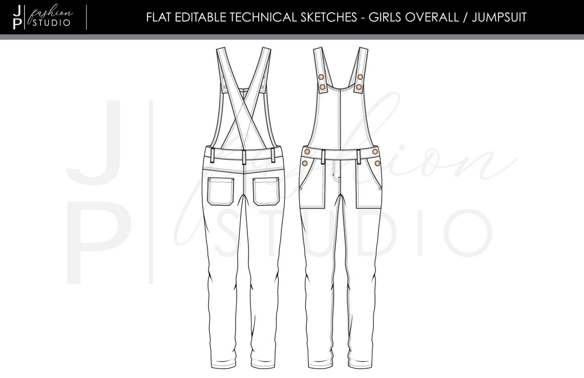 Girls Overalls Fashion Flat Sketch / CAD Design / Fashion Technical ...