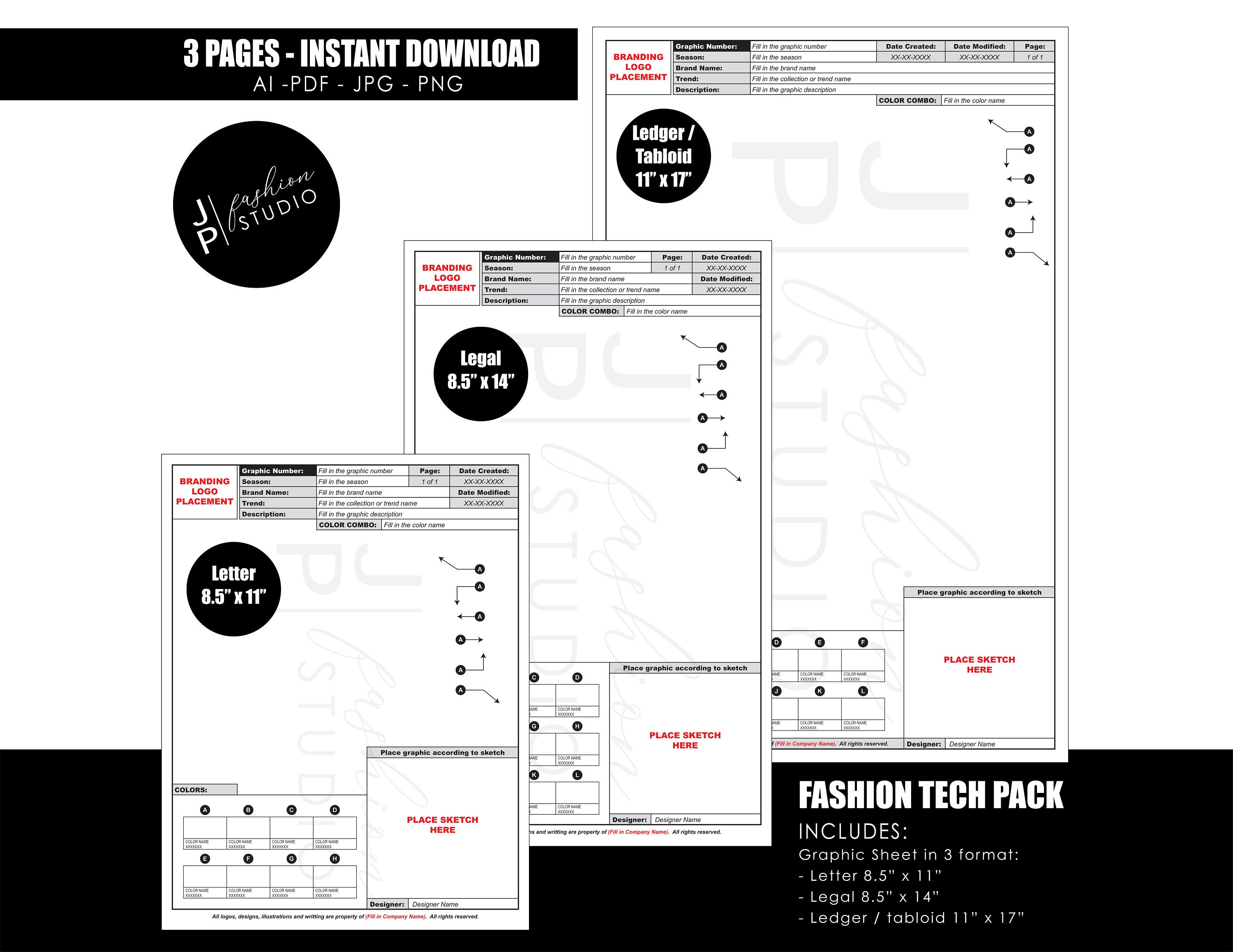 Editable Tech Pack Graphic Sheet Template for Apparel Industry; Fashion ...