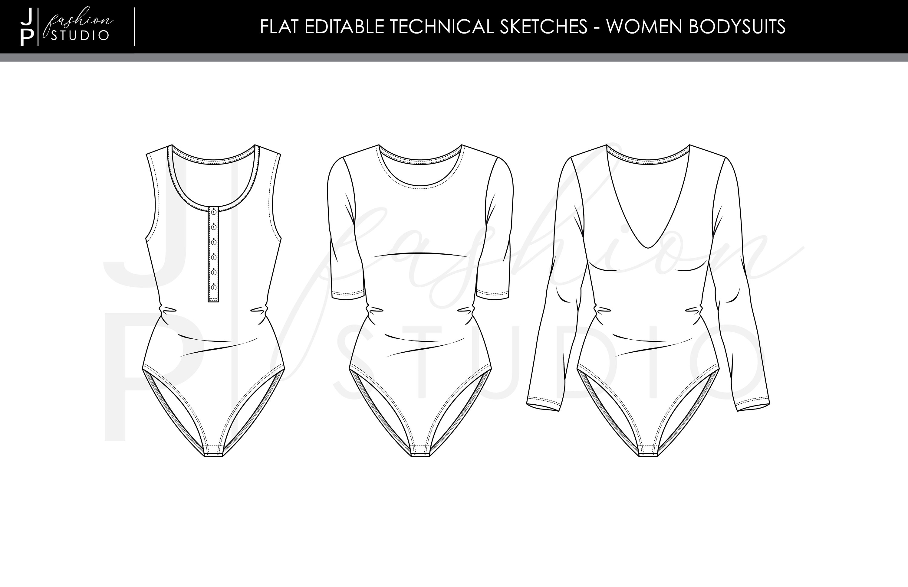 Set of Women Bodysuits 3 Styles Vector Fashion Flat Sketches / Fashion ...