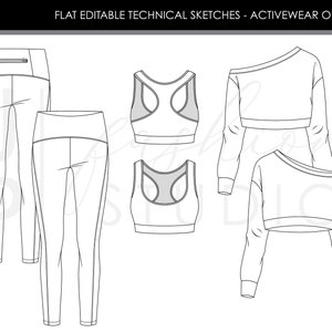Women Activewear Outfit (3 Styles) Vector Fashion Flat Sketches ...