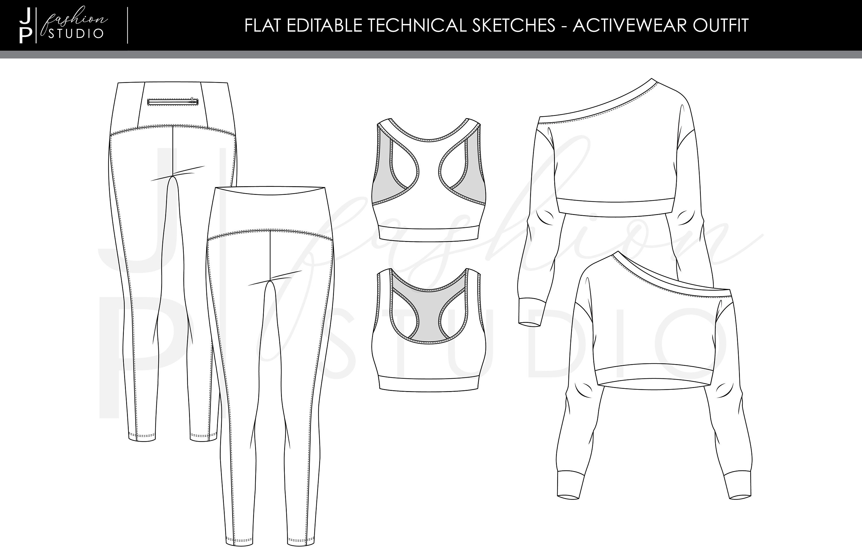 Women Activewear Outfit (3 Styles) Vector Fashion Flat Sketches ...