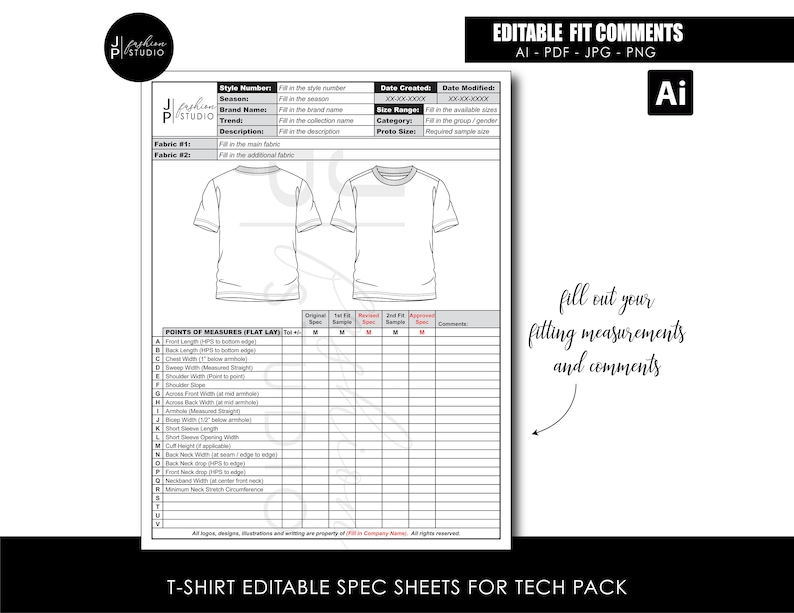 Tech Pack Spec Sheet Templates for Basic T-shirts, Apparel Industry ...