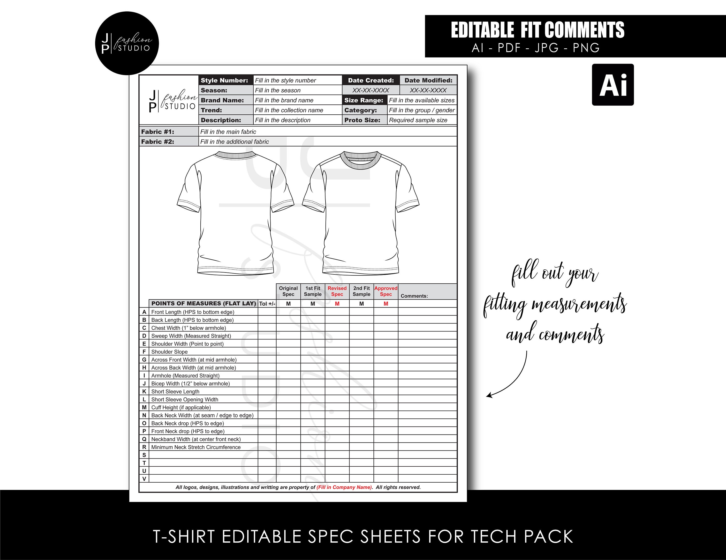 Tech Pack Spec Sheet Templates for Basic T-shirts, Apparel Industry ...