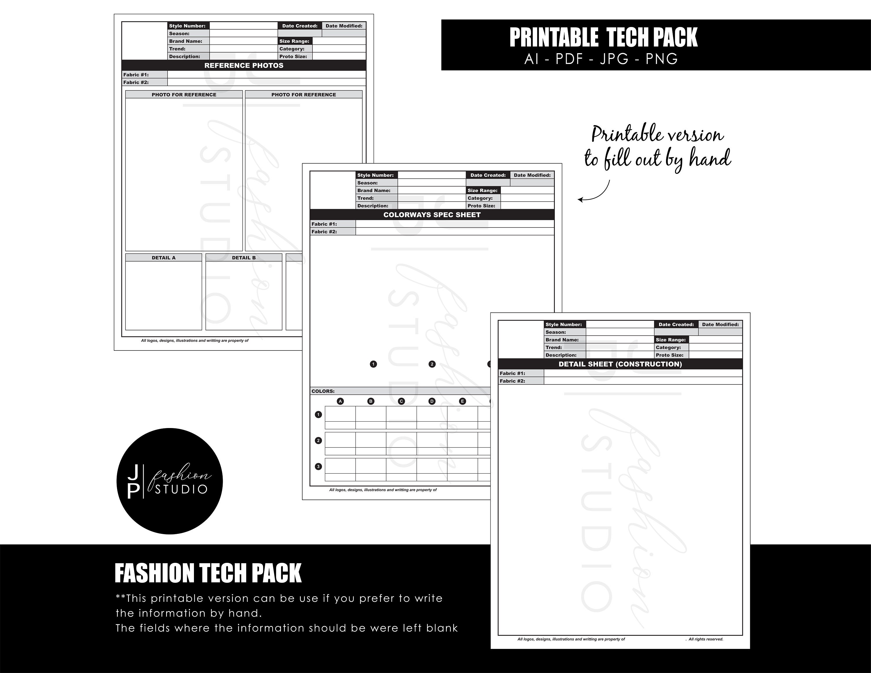 Editable & Printable Tech Pack Template for Apparel Industry; Fashion ...