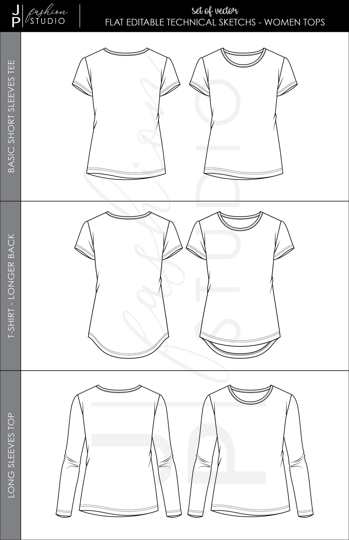 Set of Women Tops (3 Styles) Vector Fashion Flat Sketches / Fashion ...