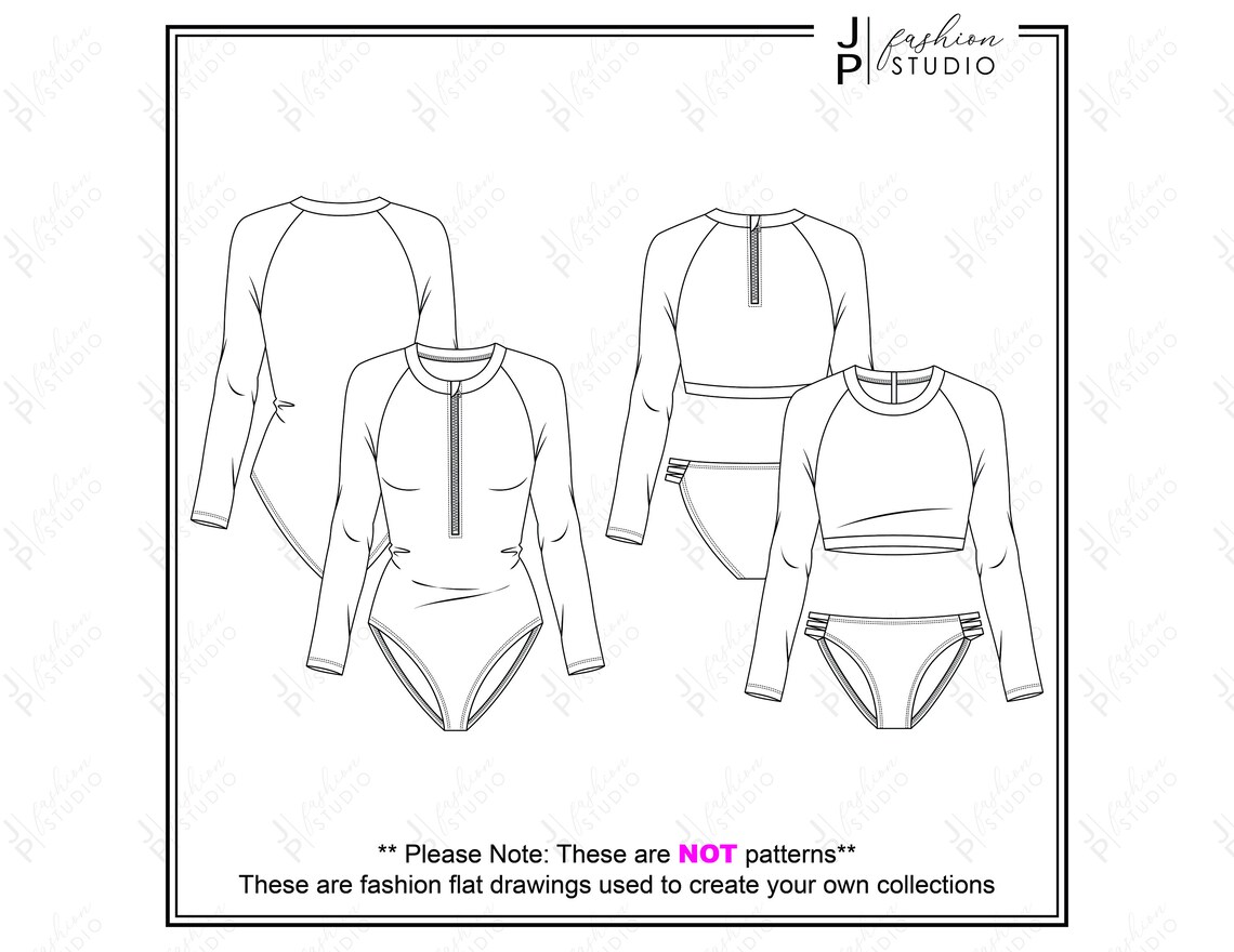 Set of Women Rash Guards (2 Styles) Vector Fashion Flat Sketches ...