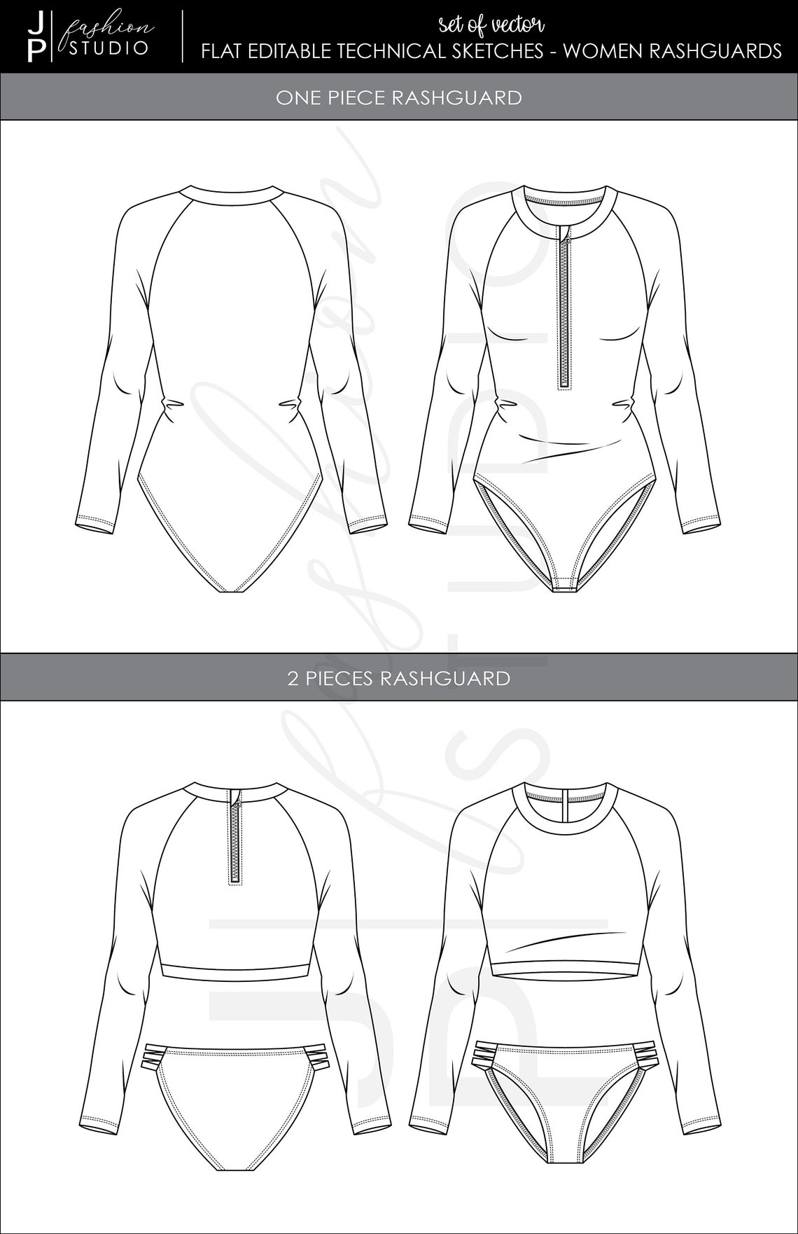 Set of Women Rash Guards (2 Styles) Vector Fashion Flat Sketches ...