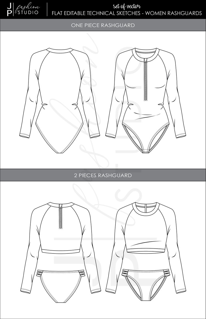 Set of Women Rash Guards (2 Styles) Vector Fashion Flat Sketches ...